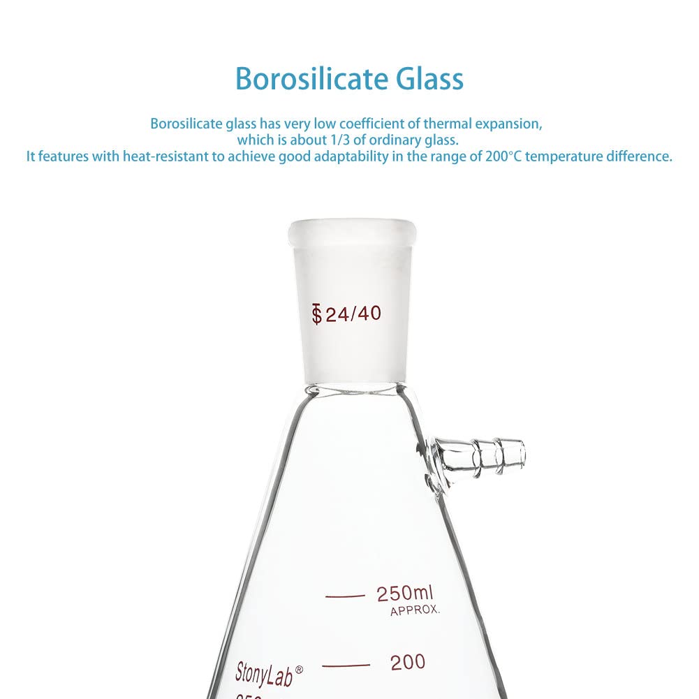 stonylab Filtering Flask with 24/40 Standard Taper Outer Joint, Heavy Wall Borosilicate Glass Filter Flask, Bolt Neck with Tubulation, 250 ml