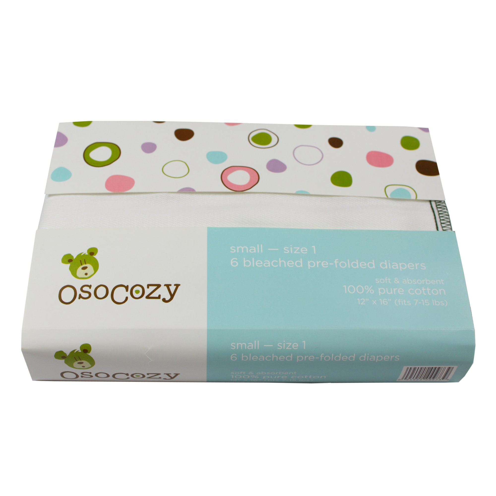 OsoCozy Prefolds Bleached Cloth Baby Diapers, Size 1 (7-15 lbs), Soft, Absorbent and Durable 100% Natural Cotton, Our Top Selling Diaper Service Quality Prefolds - (6 Pack)