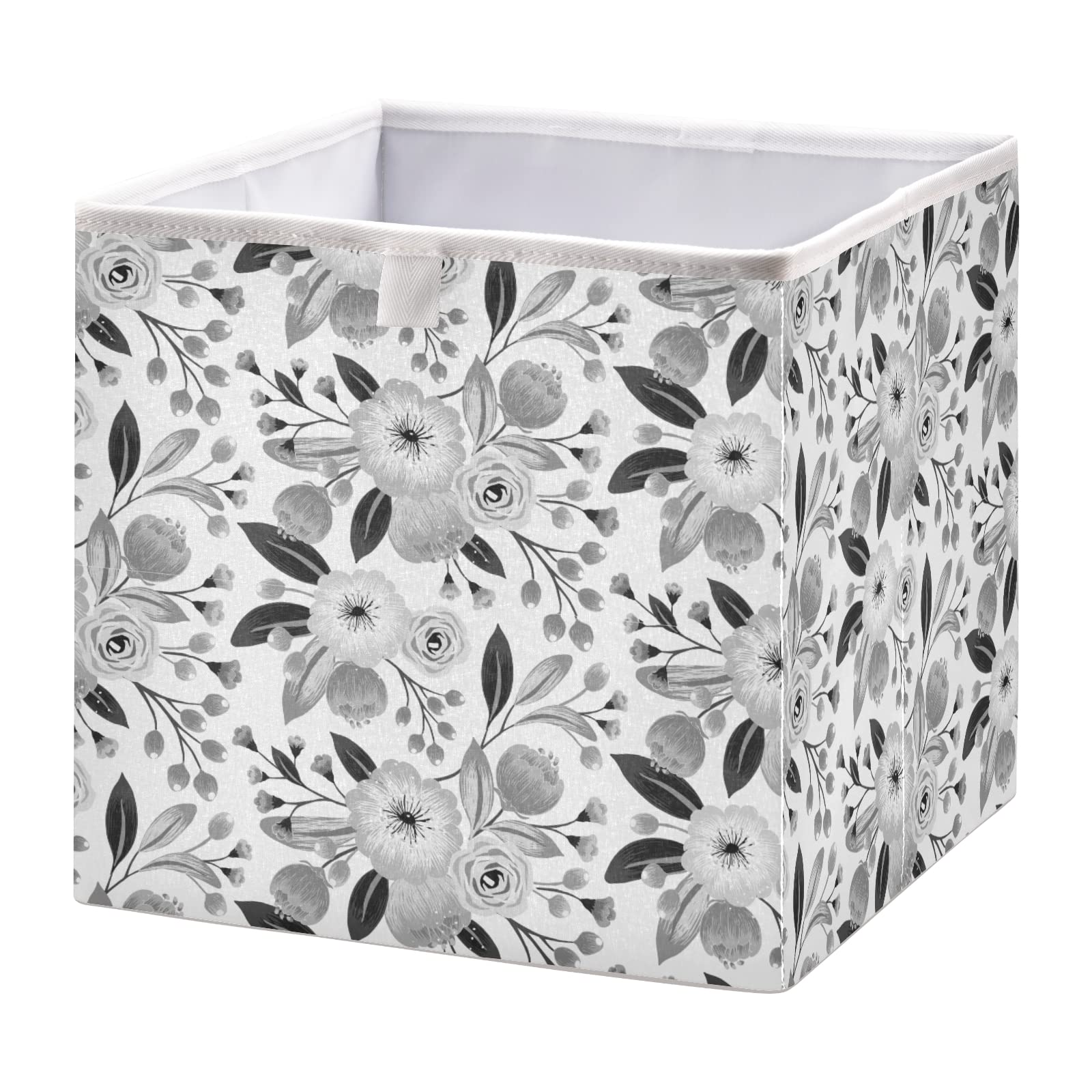 Poeticcity Black Grey Floral Flowers on White Square Storage Basket Bin, Collapsible Storage Box, Foldable Nursery Baskets Organizer for Toy, Clothes Easy to Assemble