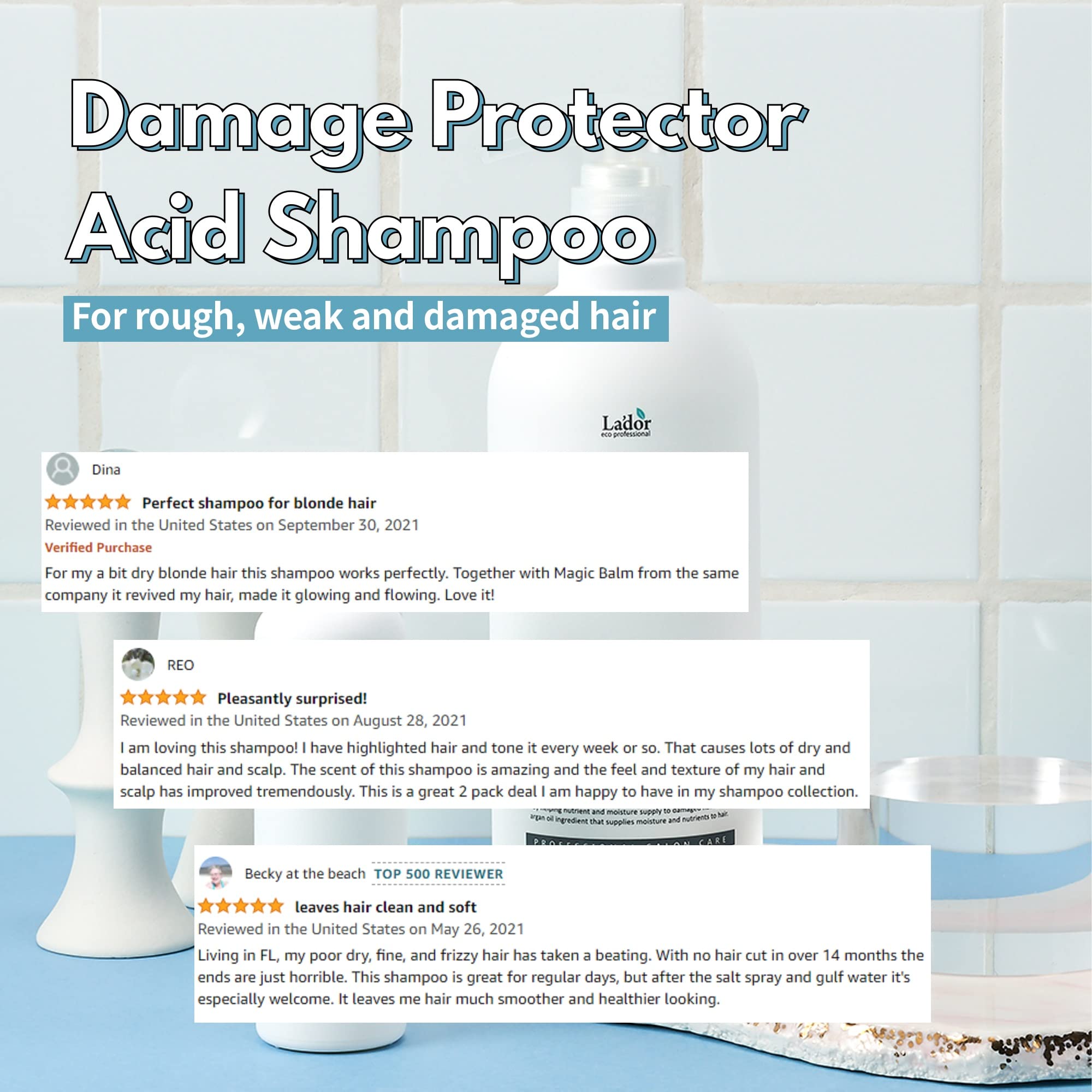 LA'DOR Damage Protector Acid Shampoo (2x 5.07 fl.oz.) - 4.5 pH Acidic Formulation for Hair and Scalp pH Balance, Helps Neutralize Alkaline pH from Dyes and Bleaching LADOR