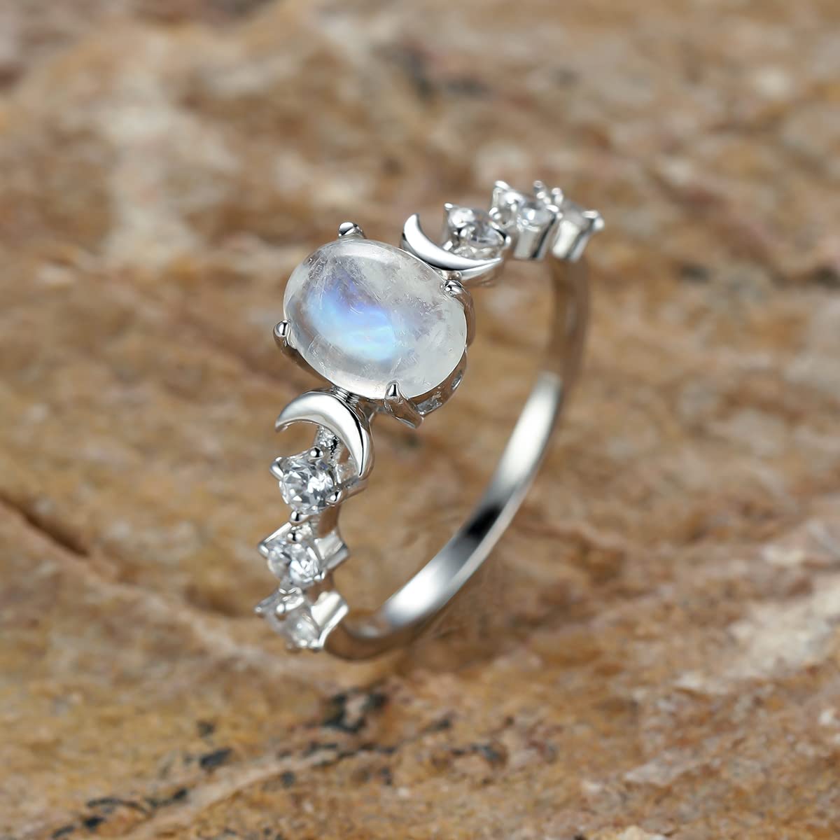 Angol Genuine Moonstone Ring Sterling Silver Moon Phase Ring Oval Moonstone Cubic Zirconia Statement Band Finger Minimalist Ring for Women with Gift Box（Silver）