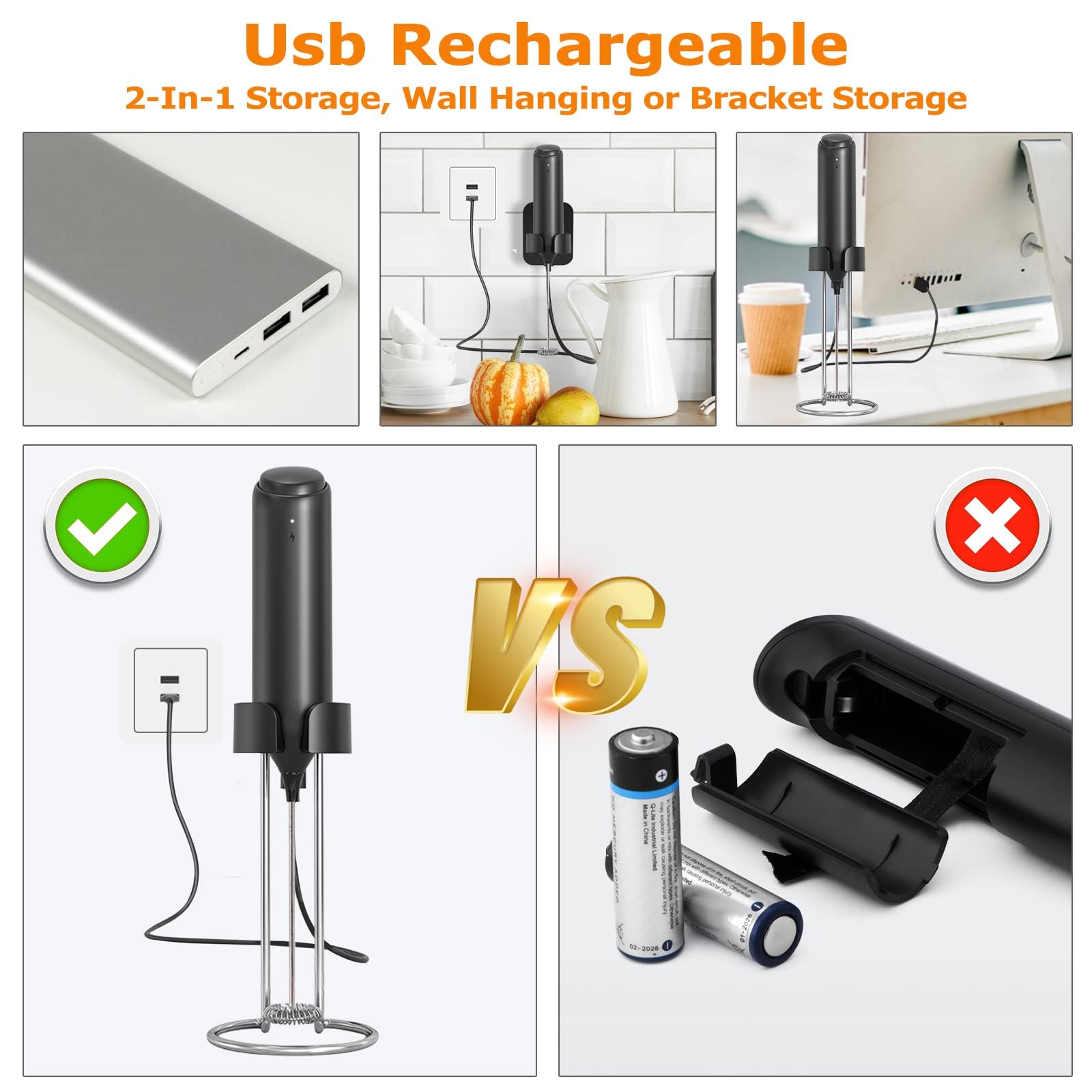 Rechargeable Milk Frother Handheld for Coffee, Stirrers Electric Whisk with Wall Mounted Stand, Drink Mixer Hand Frother Wand (MF01)