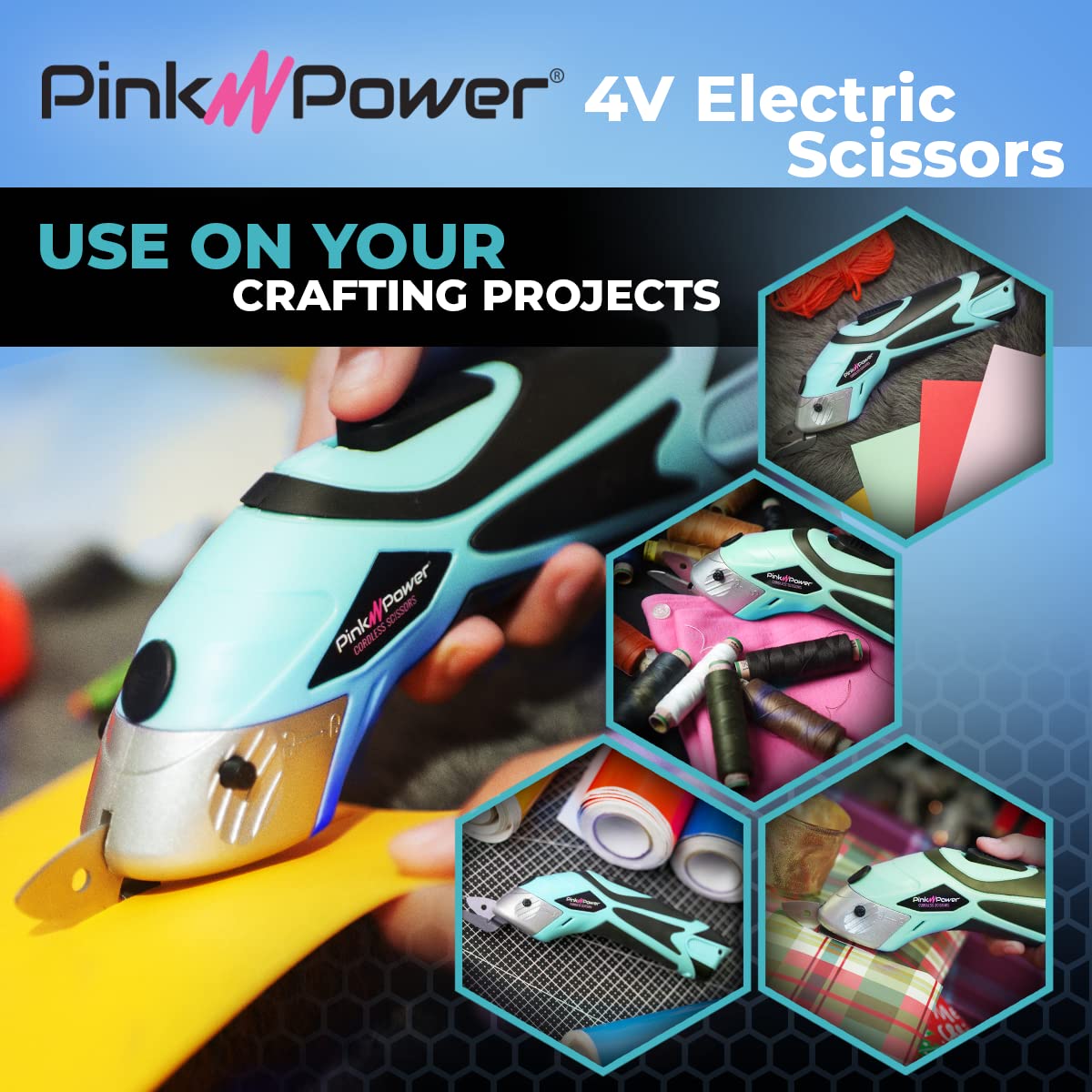 Pink Power Electric Fabric Scissors for Crafts, Sewing, Cardboard, Carpet & Scrapbooking - Heavy Duty Cutting Tool, Automatic Cordless Electric Scissors Fabric Cutter & Rotary Cutter Set (Aqua Splash)