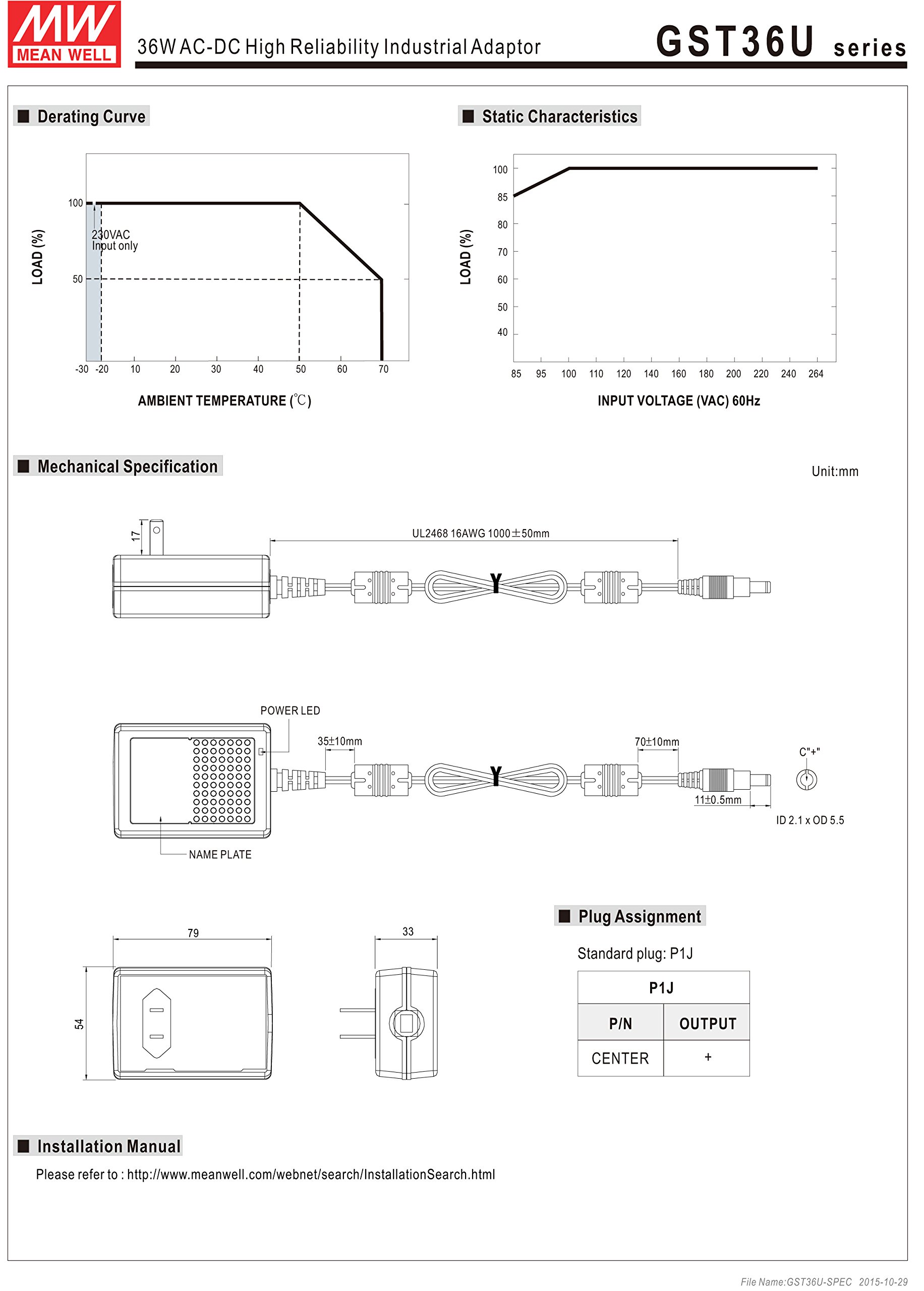 MEAN WELL MW GST36U12-P1J 12V 3A AC/DC High Reliability Industrial Adaptor