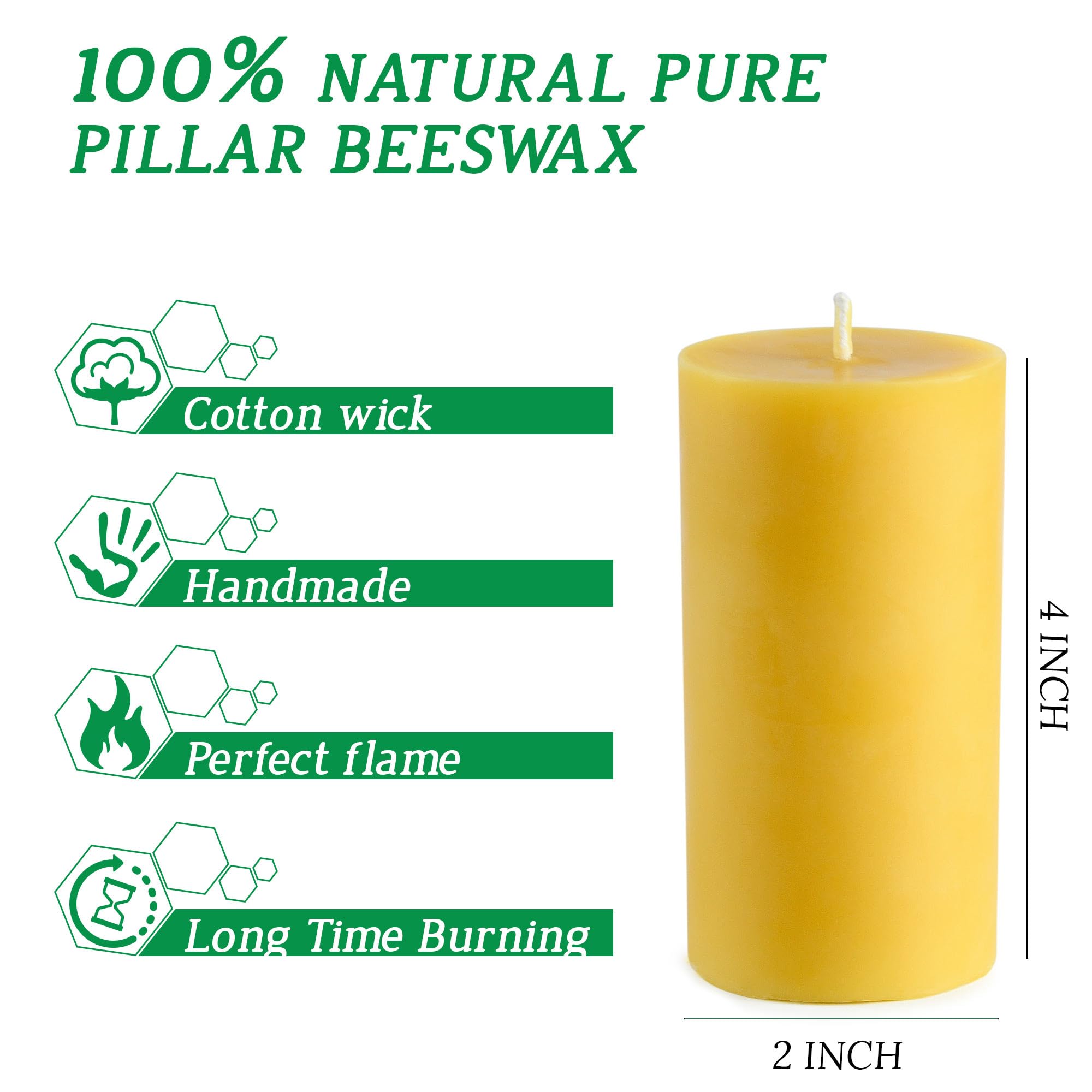 Beeswax Pillar Candles, Natural Bees Wax Candles 2x4 Inch, 4 Pack, Unscented Large Pillar Candle - Smokeless & Dripless, 35-40 Hours Long Burning Time for Home Decor, Dinner, Party