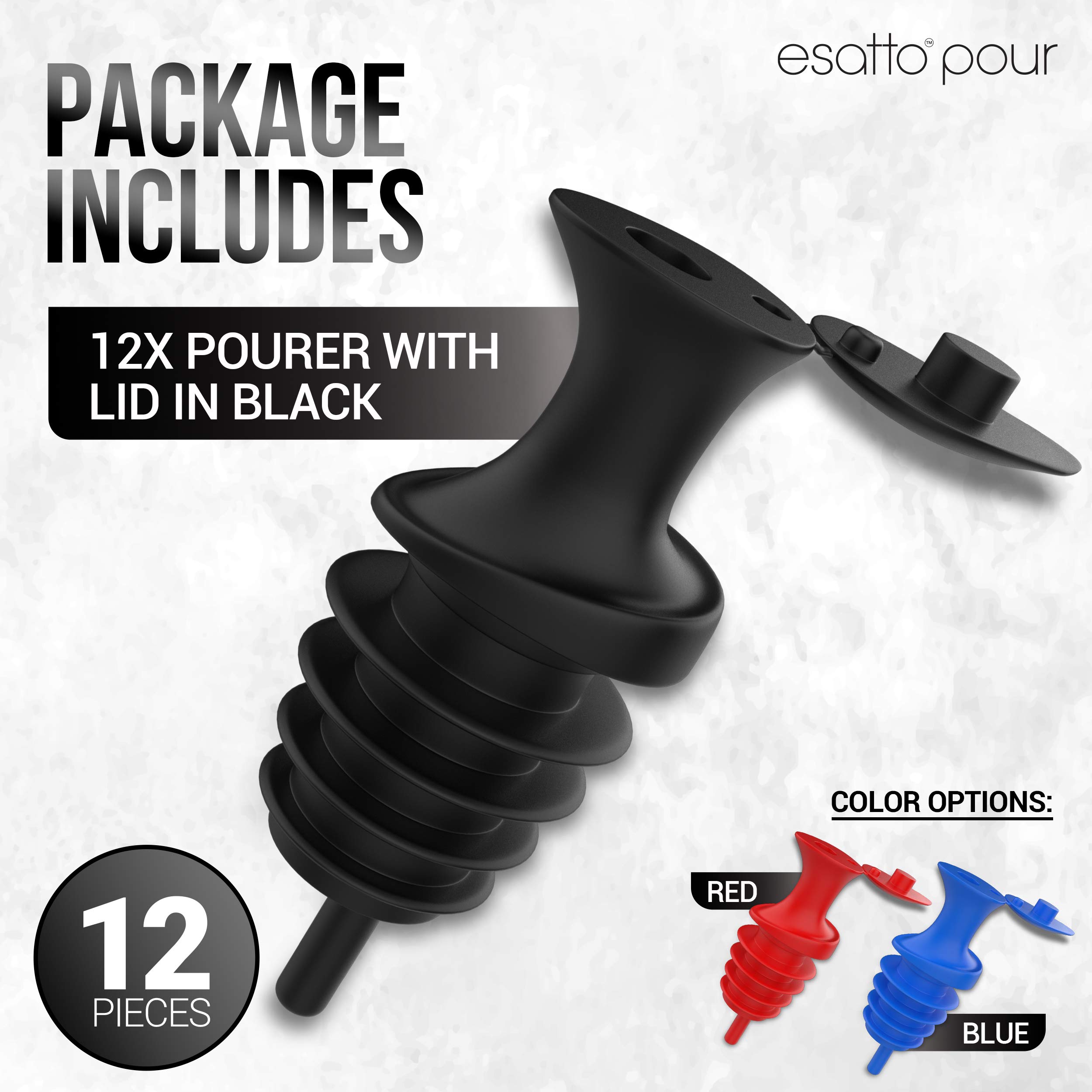 Esatto Pour and Seal, Plastic Bottle Pourers With Built In Lid β Easy and Precise Pouring, Lid for Storing and Healthy Practices, Professional Bar Tool, Pack of 12 Pieces Wine Stopper Pourer (Black)