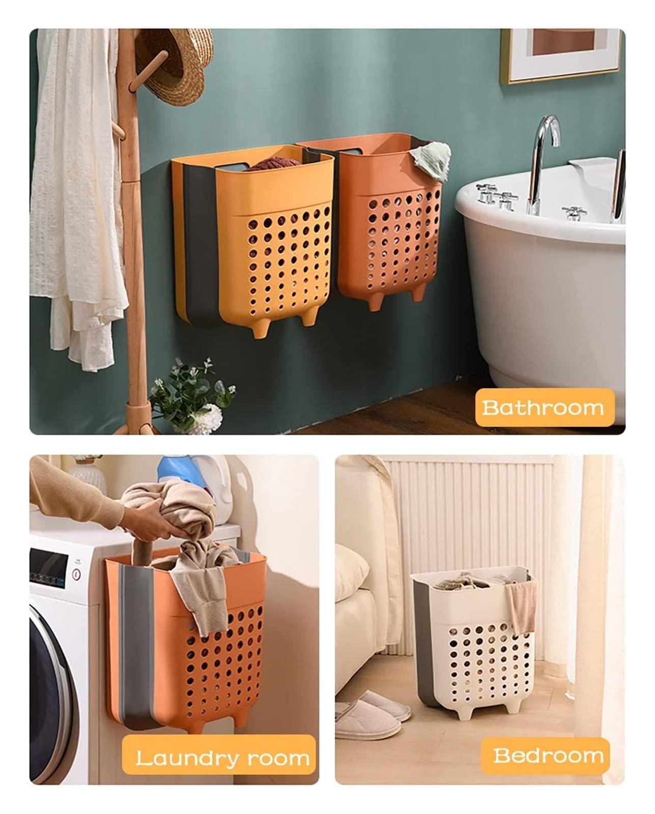 basket hamper Wall Mounted Laundry Hamper, 36L Collapsible Tall Laundry Hamper with Carry Handle, Space-Saving Wall Laundry Basket, Plastic Wall Laundry Basket for Clothes, Snacks, Toys, Sundries ( Co