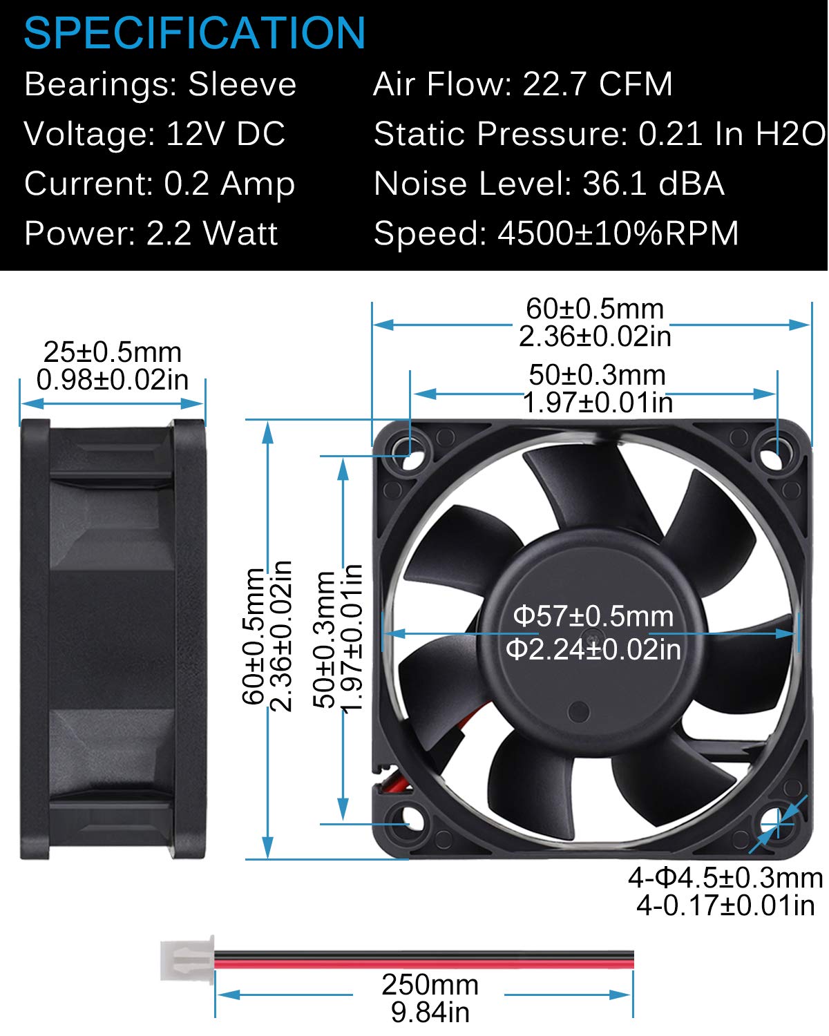 GDSTIME Dc 12V 60mm 6cm 60x60x25mm 2 Wire Brushless Cooling Fan