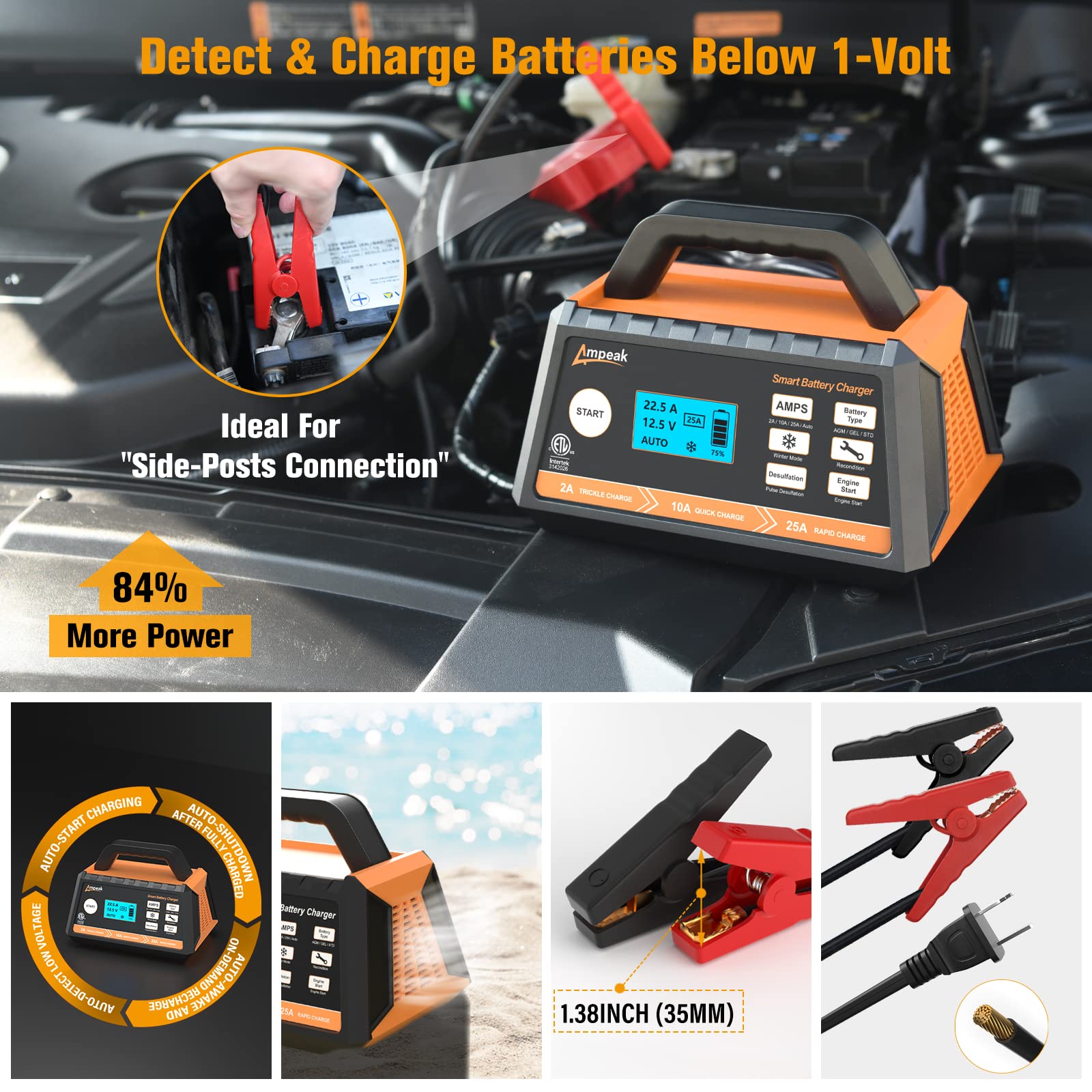 Ampeak 2/10/25 Amp Car Battery Charger, 12V Fully Automatic Smart Battery Maintainer with Engine Start, Battery Recondition, Auto Desulfator