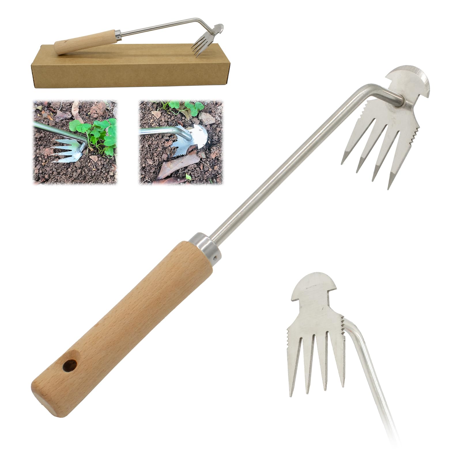 Amposei Weeding Artifact Uprooting Weeding Tool, Multifunctional Weeder, Hand Weeder Tool, Stand Up Weed Puller Tool with Handle for Garden Yard Farm Weed Removal (11in, Wood Handle)