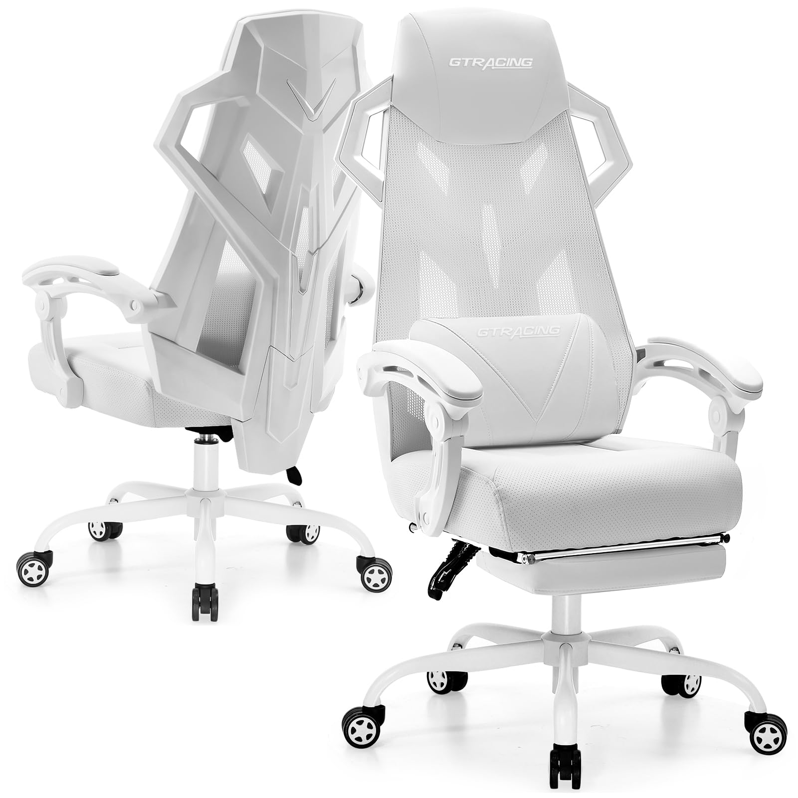 GTRACING Gaming Chair, Computer Chair with Mesh Back, Ergonomic Gaming Chair with Footrest, Reclining Gamer Chair with Adjustable Headrest and Lumbar Support for Gaming and Office (White)