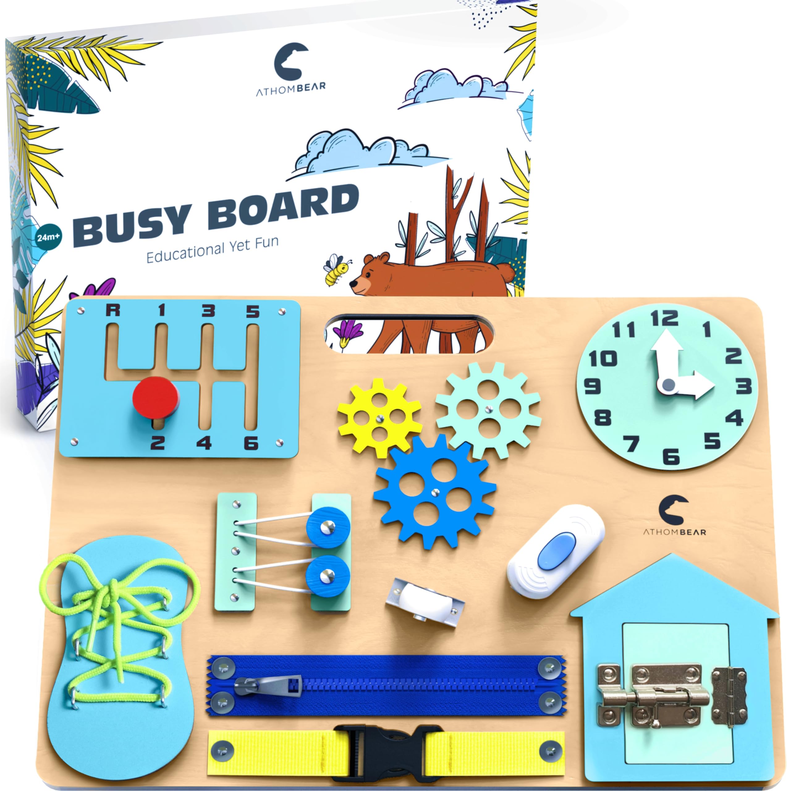 AthomBear Busy Board for Toddlers 1 2 3 4, Montessori Activity Board with 10 Learning Activities, Toddler Gifts, Sensory Wooden Board for 1 Year Old
