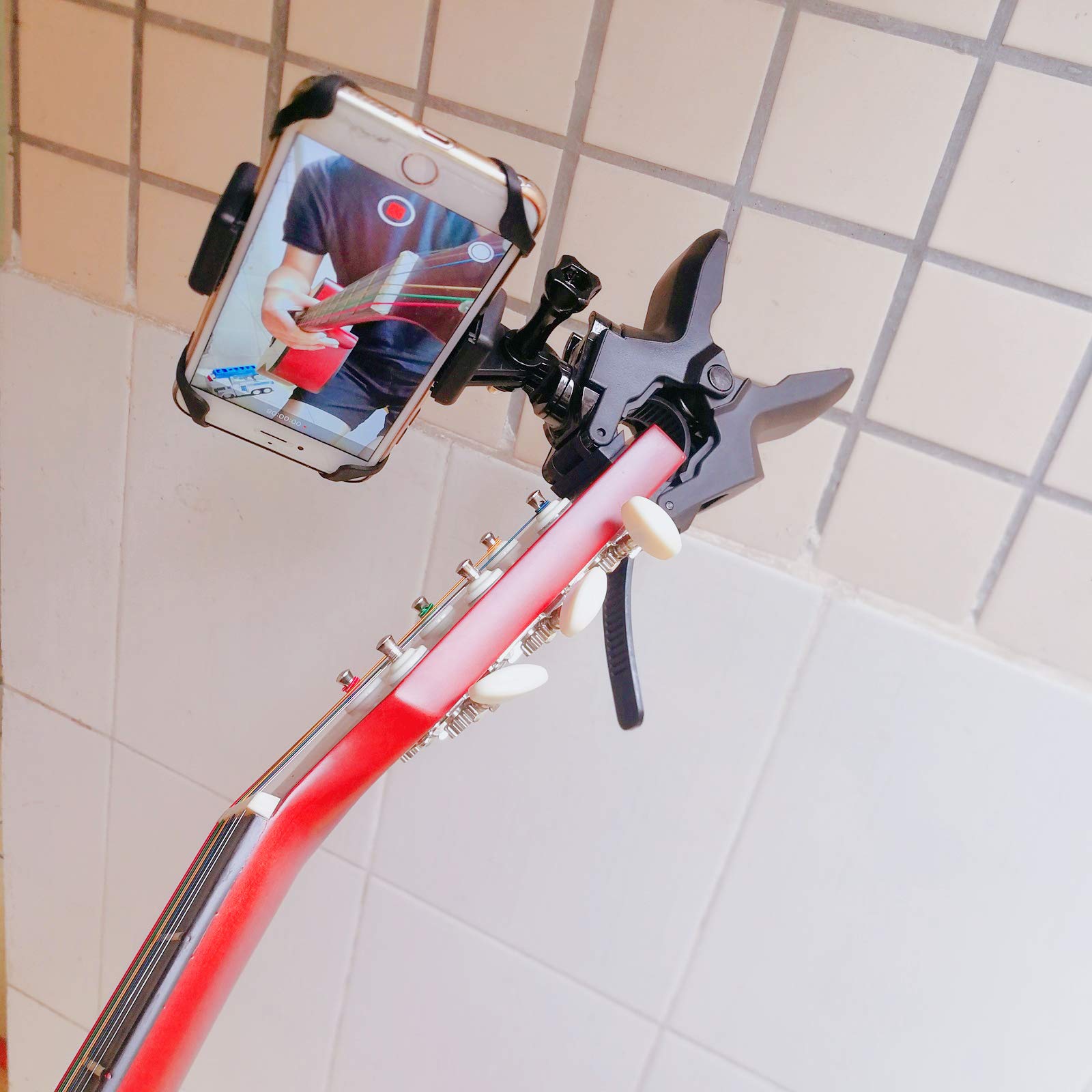 Combo Camera and Cell Phone Music Mount - Ukelele Guitar Headstock Mobile Phone Clamp Clip Mount for Smartphones and Gopro Action Cameras ~ Close Up Home Recording - Work for Any Microphone Stands