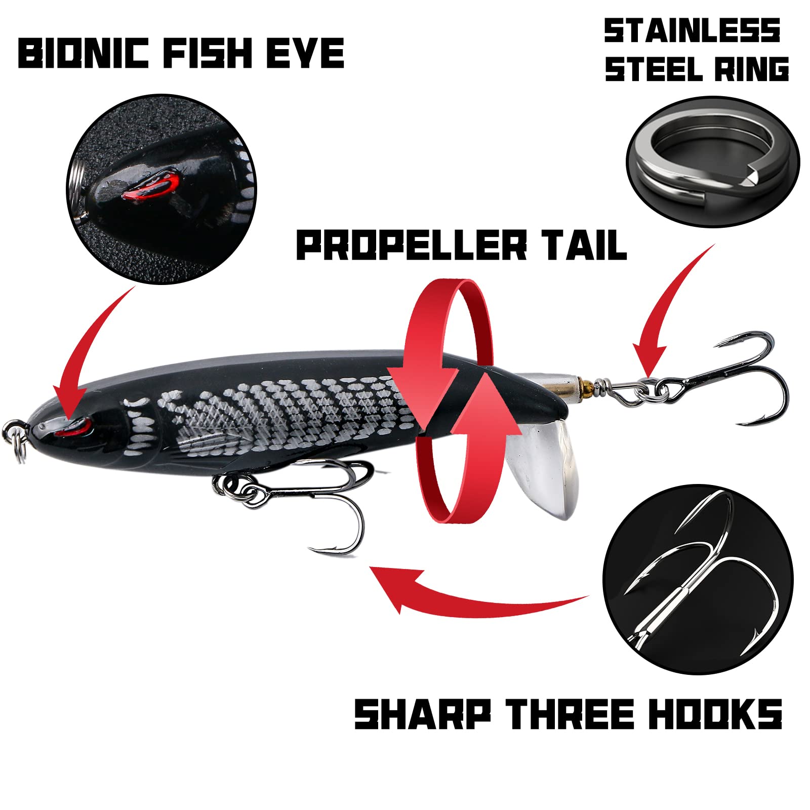ANGRYFISH Topwater Fishing Lures-Rotating Tail-Pencil Hard Bait-Fish Tackle Bait for Freshwater/Saltwater(A-5PCS)