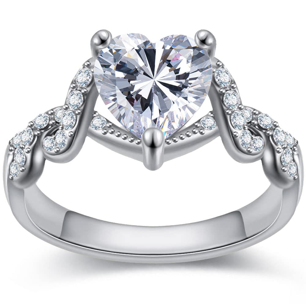AOUCIA 18K Rose gold Plated Love Heart Cubic Zirconia Promise Halo Engagement Promise Eternity Valentine's Day Ring for Women Size 6-10 (Twisted-Silver Plated, 7)