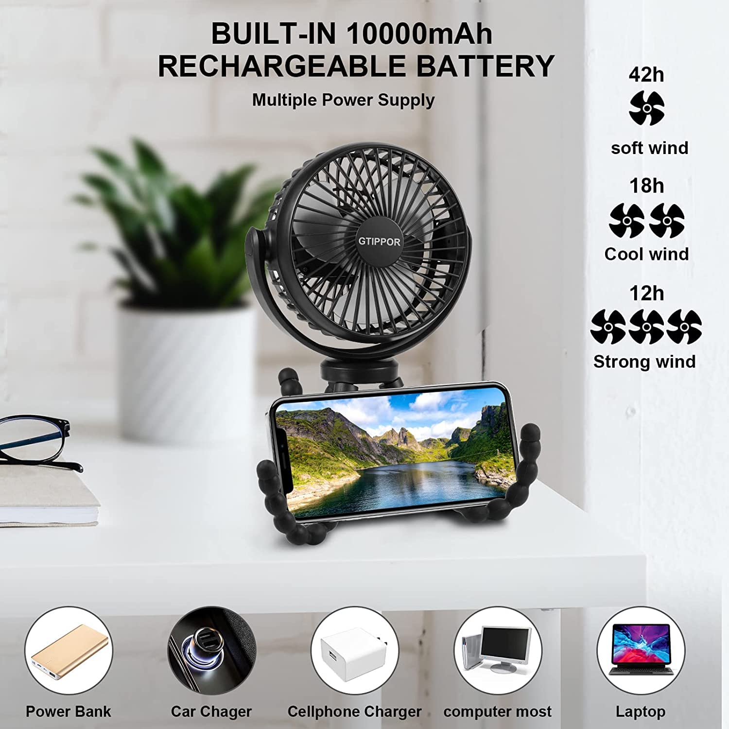 GTIPPOR Portable Stroller Fan,10000mAh Batterry Operated USB Fan,3 Speeds Handheld Personal Fan with Flexible Tripod Clip on Desk Fan for Baby Stroller Car Seat