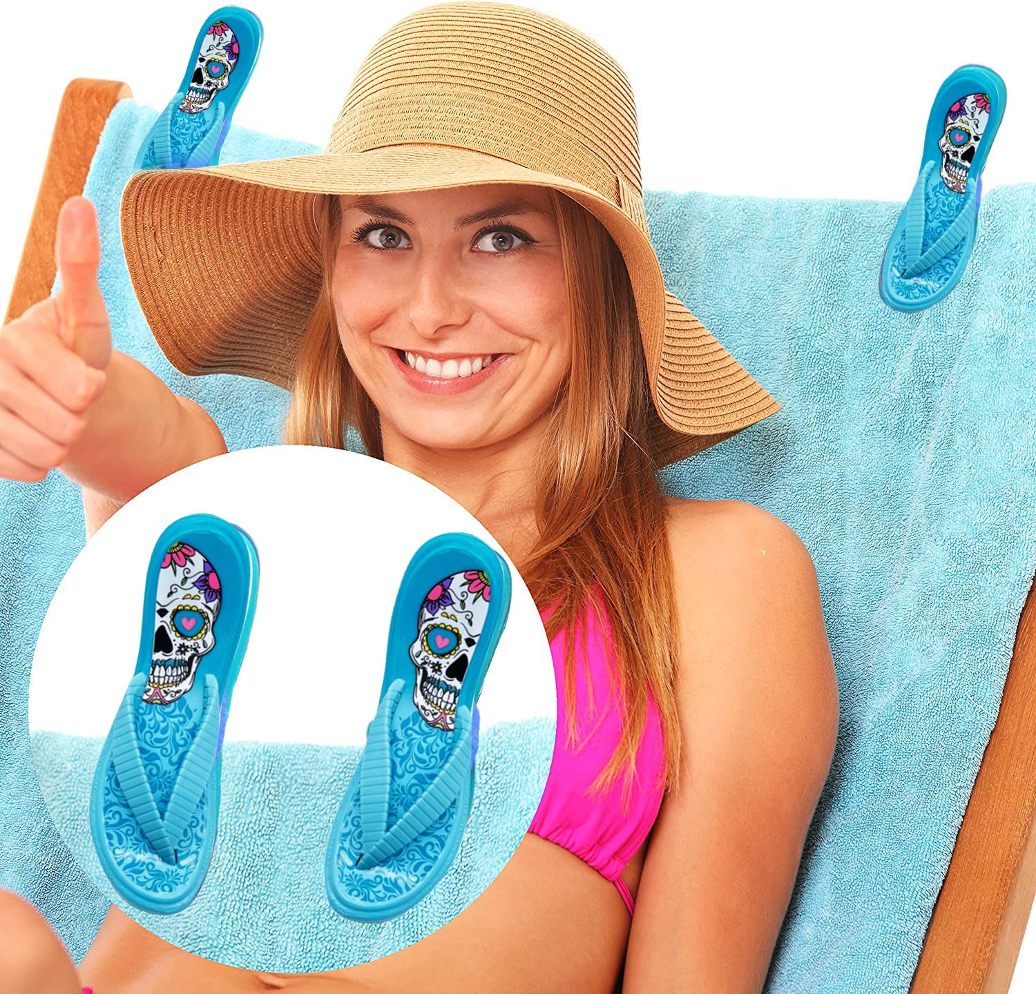 PERFORMORE Flip Flop Beach Towel Clips (Blue), 2-Pack, Portable Towel Holder Clips, Secure Clips for Beach Chairs Deck Patio Pool Boat Cruise Lounge Chair Accessories