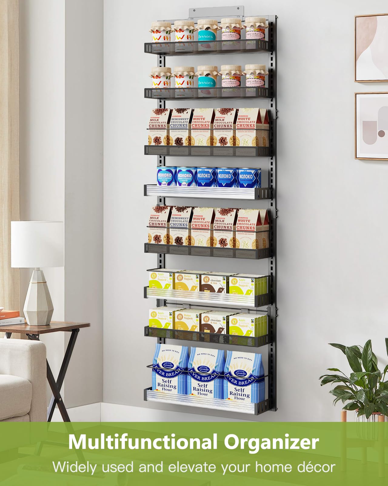 POKIPO 8-Tier Over the Door Pantry Organizer, 2 in 1 Large Door Spice Rack with Adjustable Metal Baskets, Heavy Duty Hanging or Wall Mounted Storage Organizer for Kitchen Pantry and Room Wall
