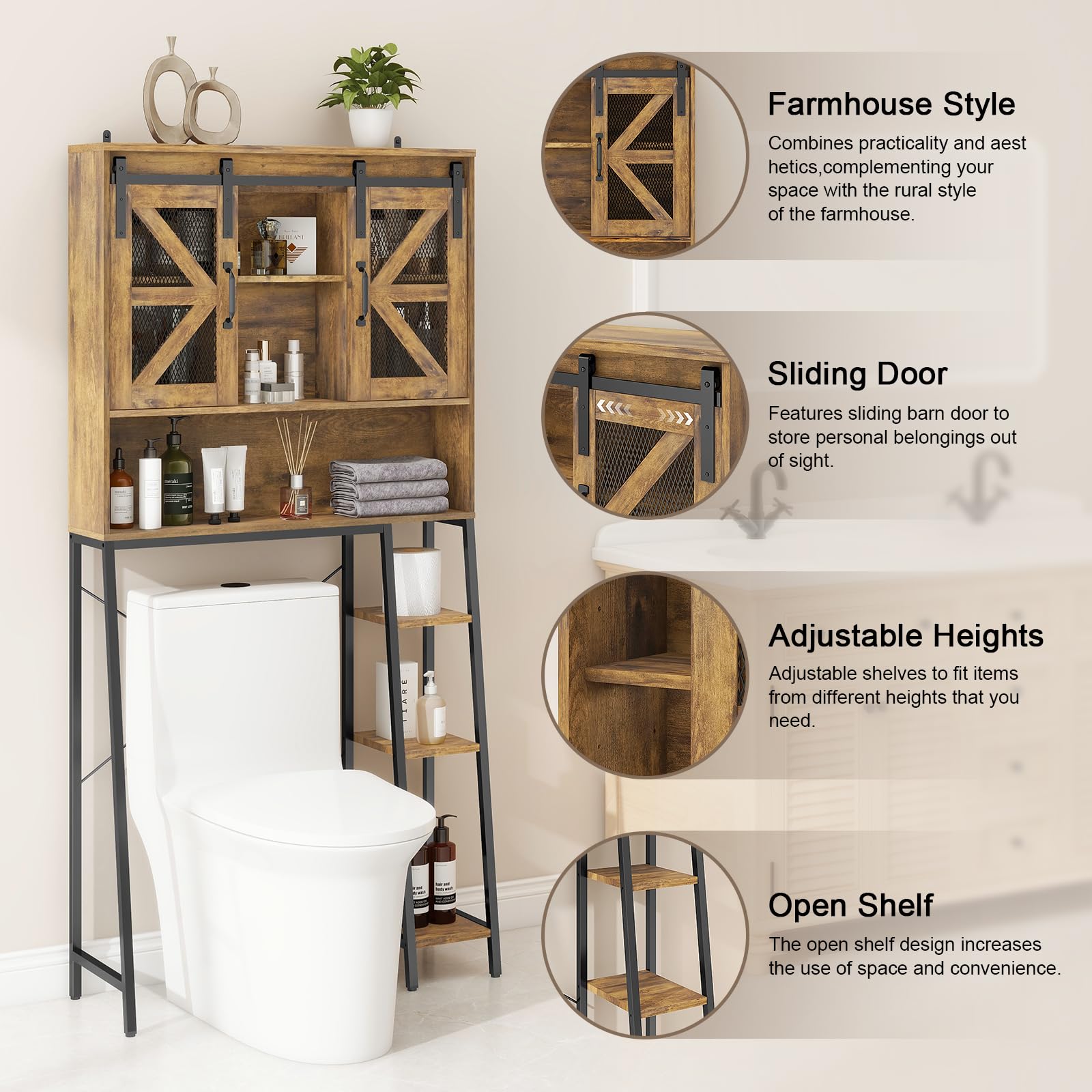 Befrases Over The Toilet Storage Cabinet, Farmhouse Storage Cabinet Over Toilet with 2 Sliding Barn Door,Home Space-Saving Toilet Rack, for Bathroom, Restroom, Laundry.(Brown)