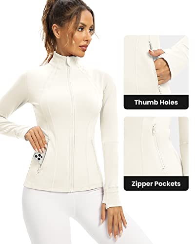 AVGO Women's Running Track Jacket Lightweight Athletic Slim Fit Track Jacket Gym Top Workout Clothes 2024(Lvory White, L)