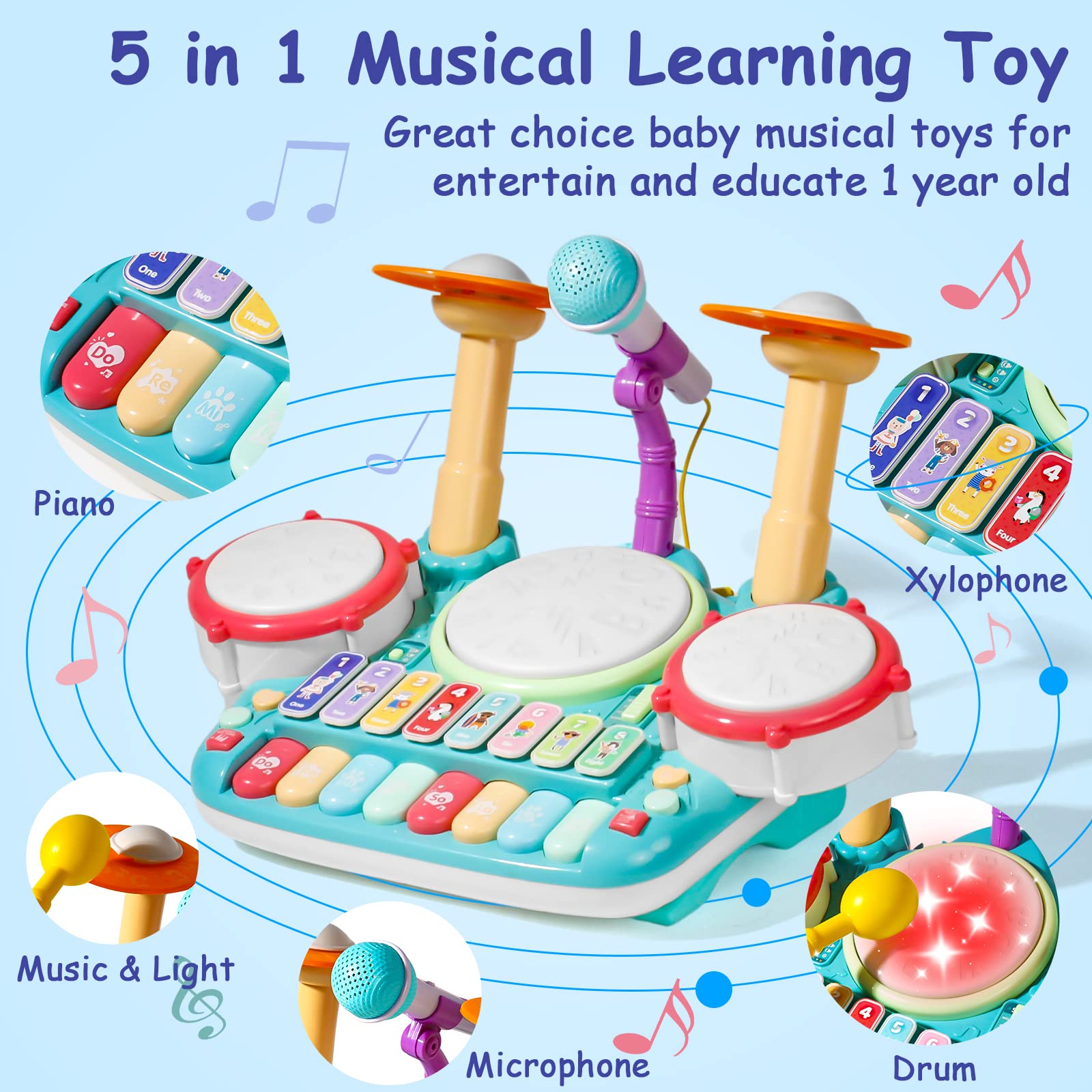 Fajiabao Kids Drum Set for Toddlers 1-3 with Microphone, Baby Drum Kit Musical Toys for 1 Year Old Boy Girl Light Piano Keyboard, Early Learning Instruments for 6 12 18 Month