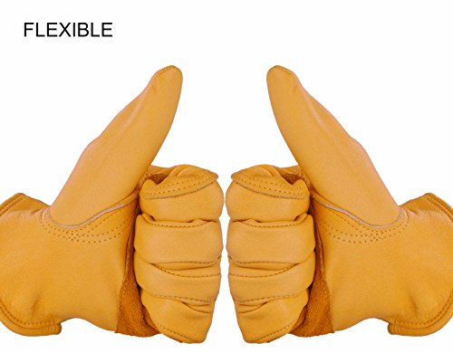 OZERO Leather Work Gloves Flex Grip Stretchable Tough Cowhide Work Gloves 1 Pair (Gold, Medium)