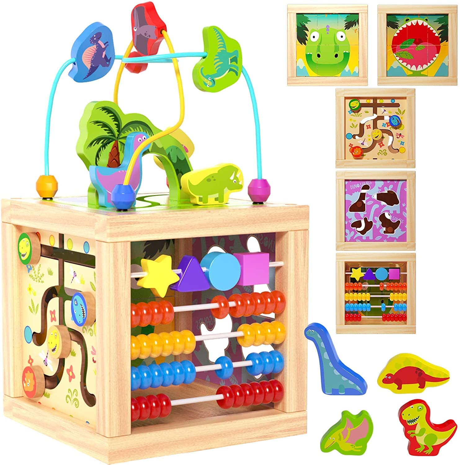 Fajiabao Wooden Baby Activity Cube 6-in-1 Montessori Toys Dinosaur Play Center Blocks Kids Bead Maze Shape Sorter Sensory Toys for Toddlers 6 12 9 18 Months 1 2 3 Year Old Boys Girls Birthday Gift
