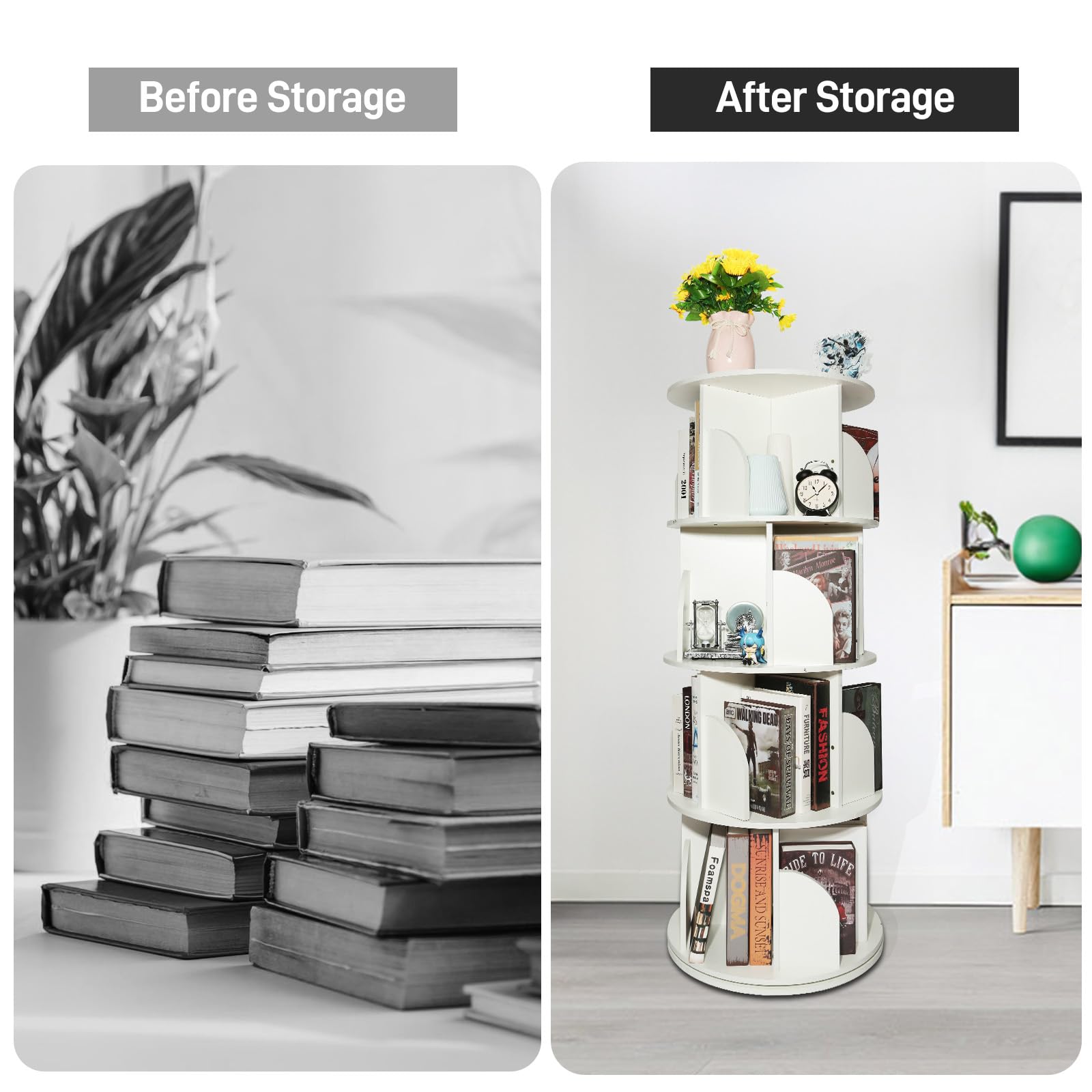 BEICNWOD Rotating Bookshelf,4 Tier 360° Revolving Bookcase,Small Corner Bookshelf for Small Space, Stackable Bookshelf Organizer, Display Cabinet for Office Home Living Room,White (White)