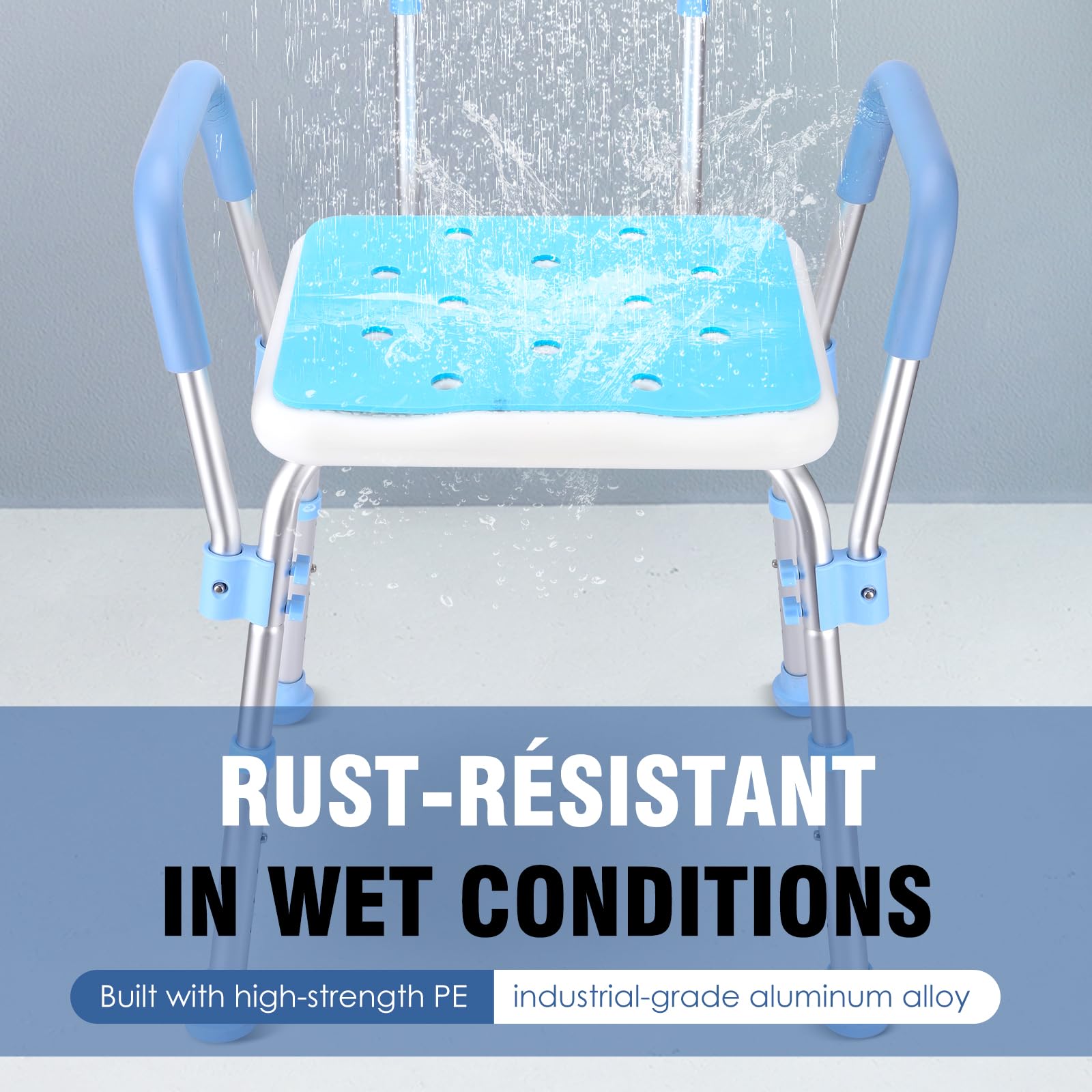 BlessReach Easily Assembled Portable Shower Chair Seat, Adjustable Shower Bench with Arms, Shower Lift Chair with Storage Bags.