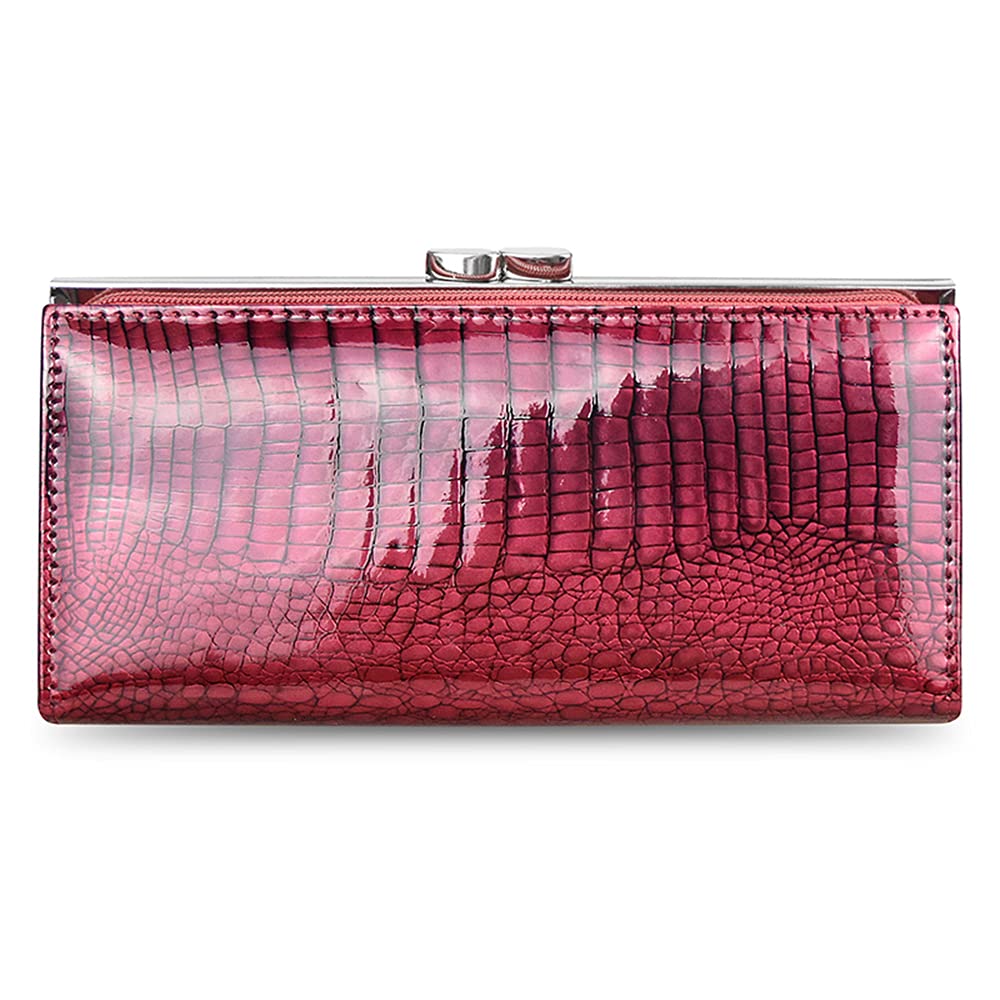 Dicihaya Womens Large Capacity Zipper Luxury Patent Genuine Leather Clutch Wallet Multi Card Organizer Coin Pouch (Burgundy)