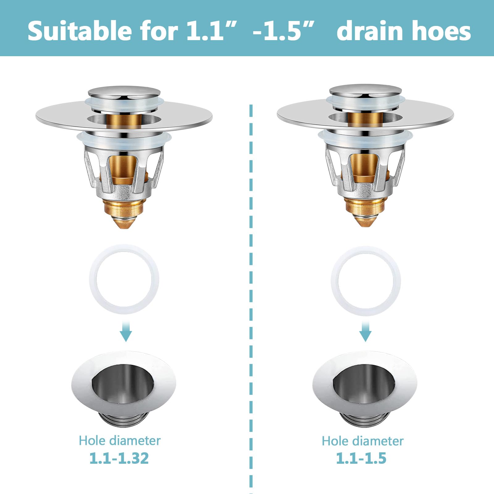 MEIUOAE Bathroom Sink Stopper,pop up Sink Drain Stopper,Bounce Washbasin Sink Stopper, for 1.1~1.5 in Drain Holes, Wash Basin Drain Filter ,Bathroom Sink Drain Stopper (Silver)