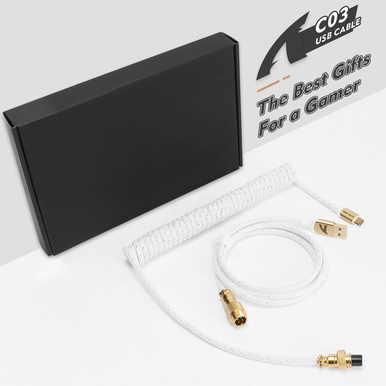 ATTACK SHARK Custom Coiled USB C to A Cable for Gaming Keyboard,Double-Sleeved Starlight Braided Cable with Detachable Metal Aviator 24K Gold Connector 1.7M-2.2M for Phone/PS4/Android/Xbox-White