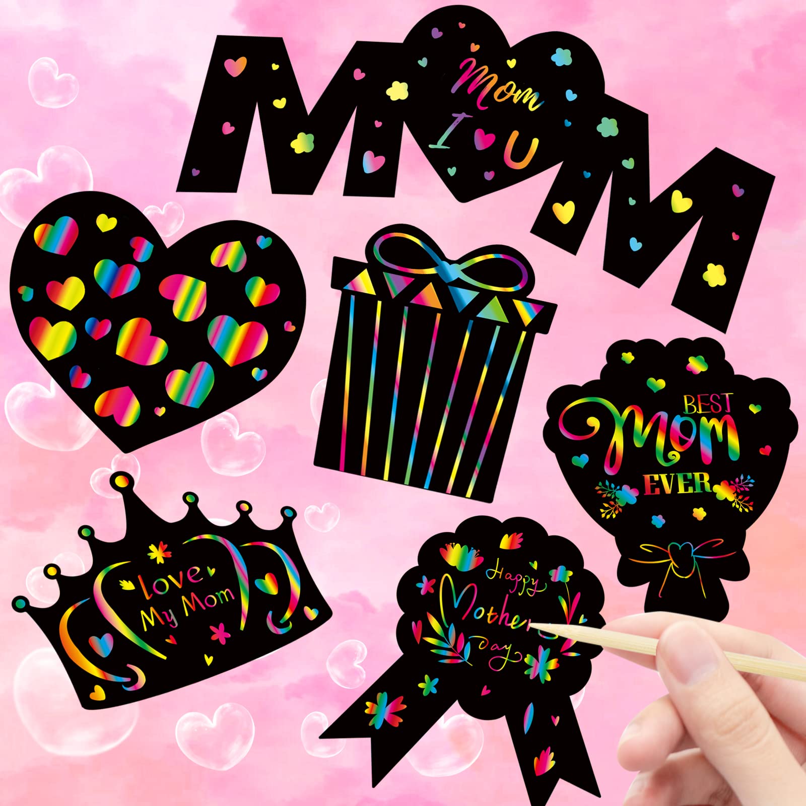 Fancy Land Mothers Day Scratch Crafts Kit for Kids Scratch and Sketch Art Paper Magnet Ornaments 24 Pcs