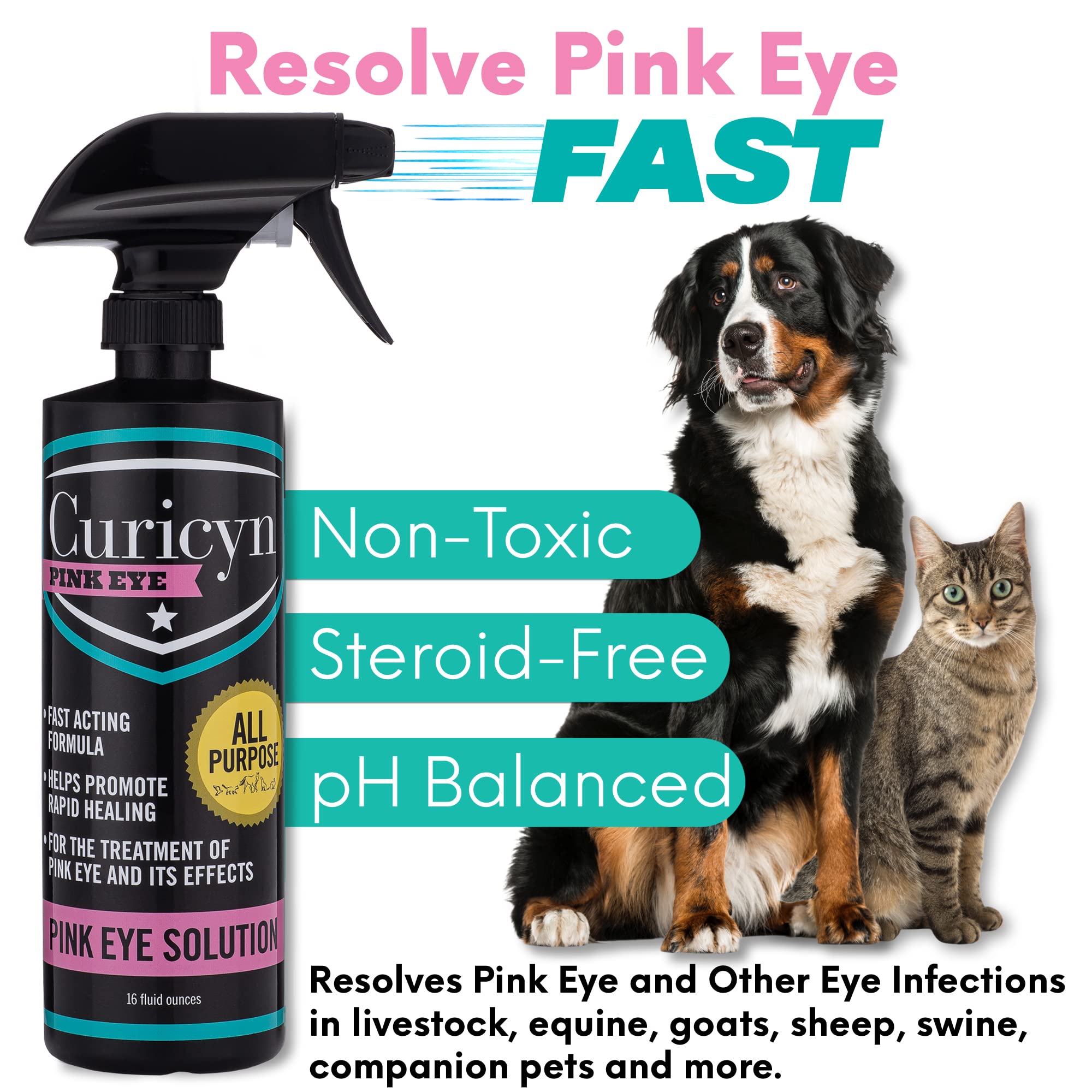 Curicyn Pink Eye Solution - 16oz, Extra Strength Formula Conjunctivitis Eye Drops for Dogs, Cats, Livestock and Horses – Pain Free, Non-Steroidal Dog Eye Wash with Purified Anolyte -