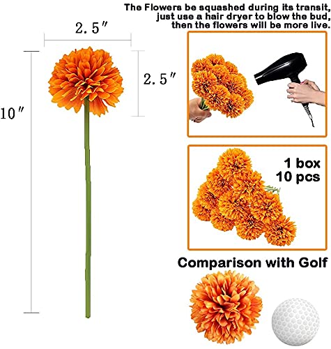 Fantasy Gardens Artificial Fake Flower Plants Silk Chrysanthemum 10Pcs DIY Ball Hydrangea Arrangements Wedding Bouquets Decor Home Kitchen Garden Party Table (Orange)
