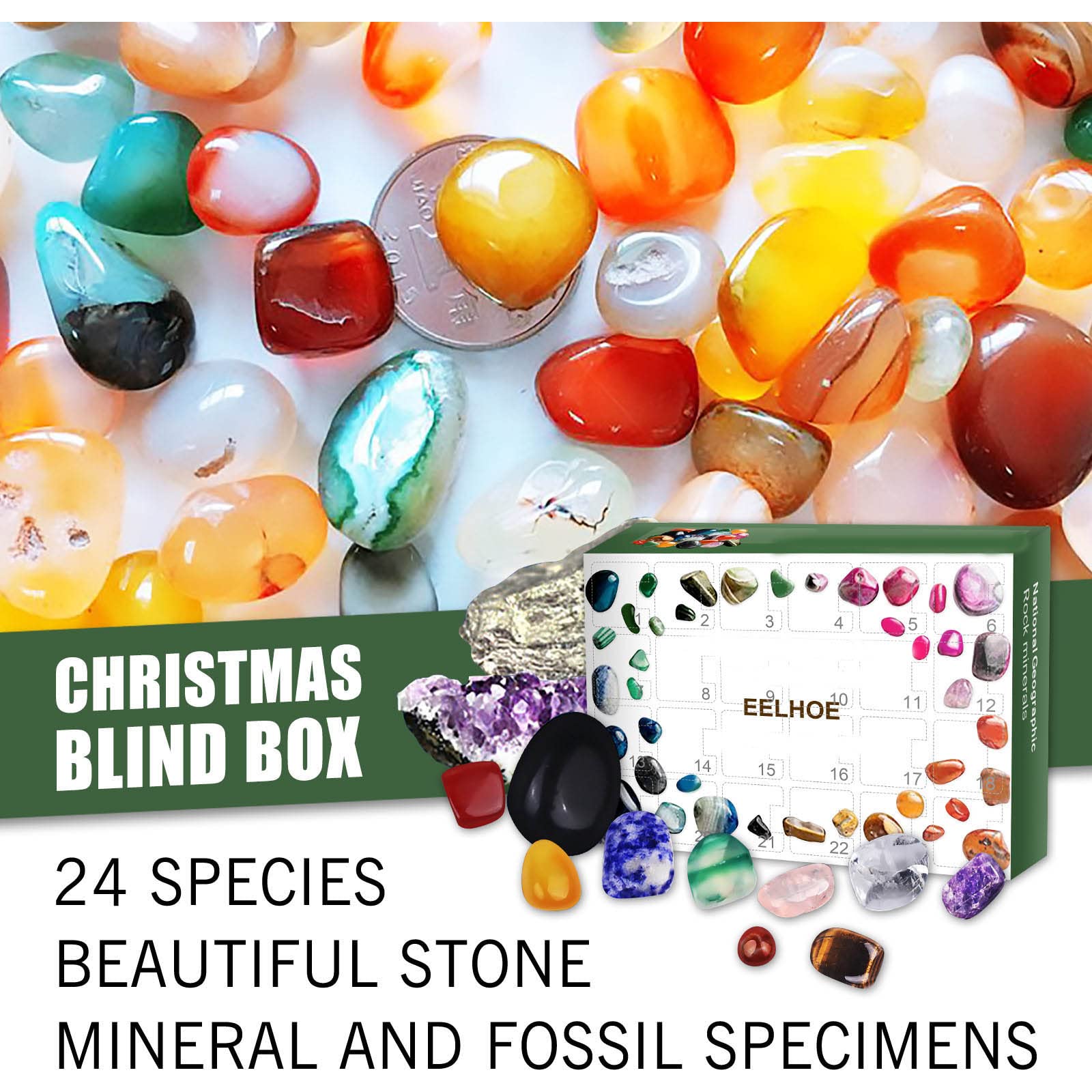 Healing Crystal Advent Calendar,Kids with Rock Collections Pebbles Polished Gravel Christmas Countdown Calendars for Christmas Home Garden Decoration, Surprise Gift Box