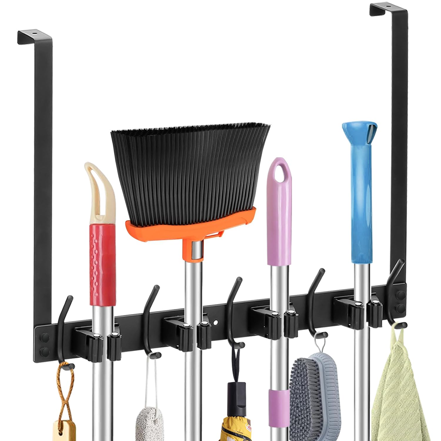 BEIUTAO Broom Holder Over the Door, Stainless Steel Heavy Mop and Broom Holder Wall Mount, Over the Door Hooks for Garage Closet Laundry - 4 Racks with 5 Hooks, Black