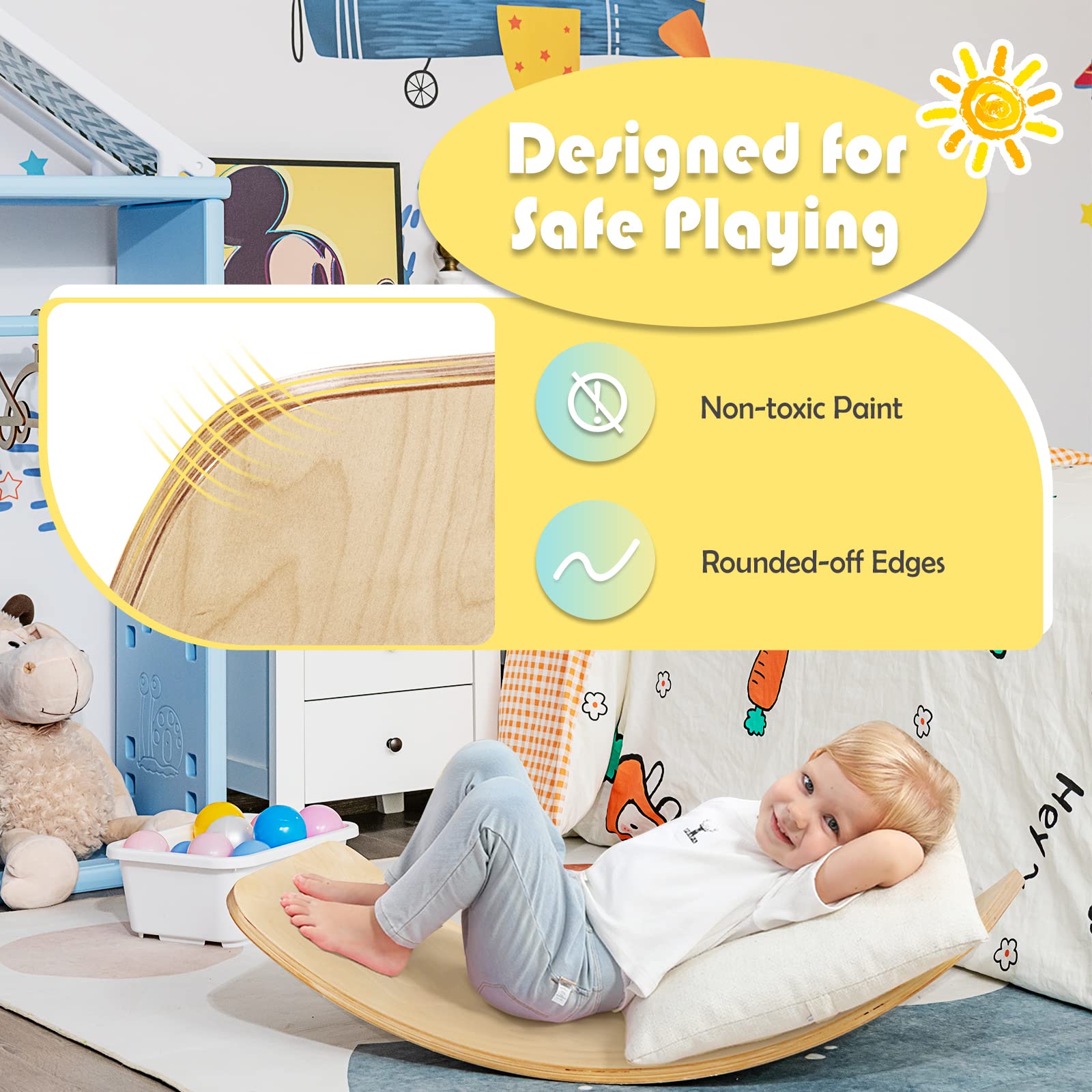Goplus Wobble Board, 35Inch Wooden Balance Board for Kids & Adults Support 660LBS, Toddler Open-Ended Learning Toy Yoga Curvy Rocker Board for Balance Training, Home Exercise (15.5 INCH Width)