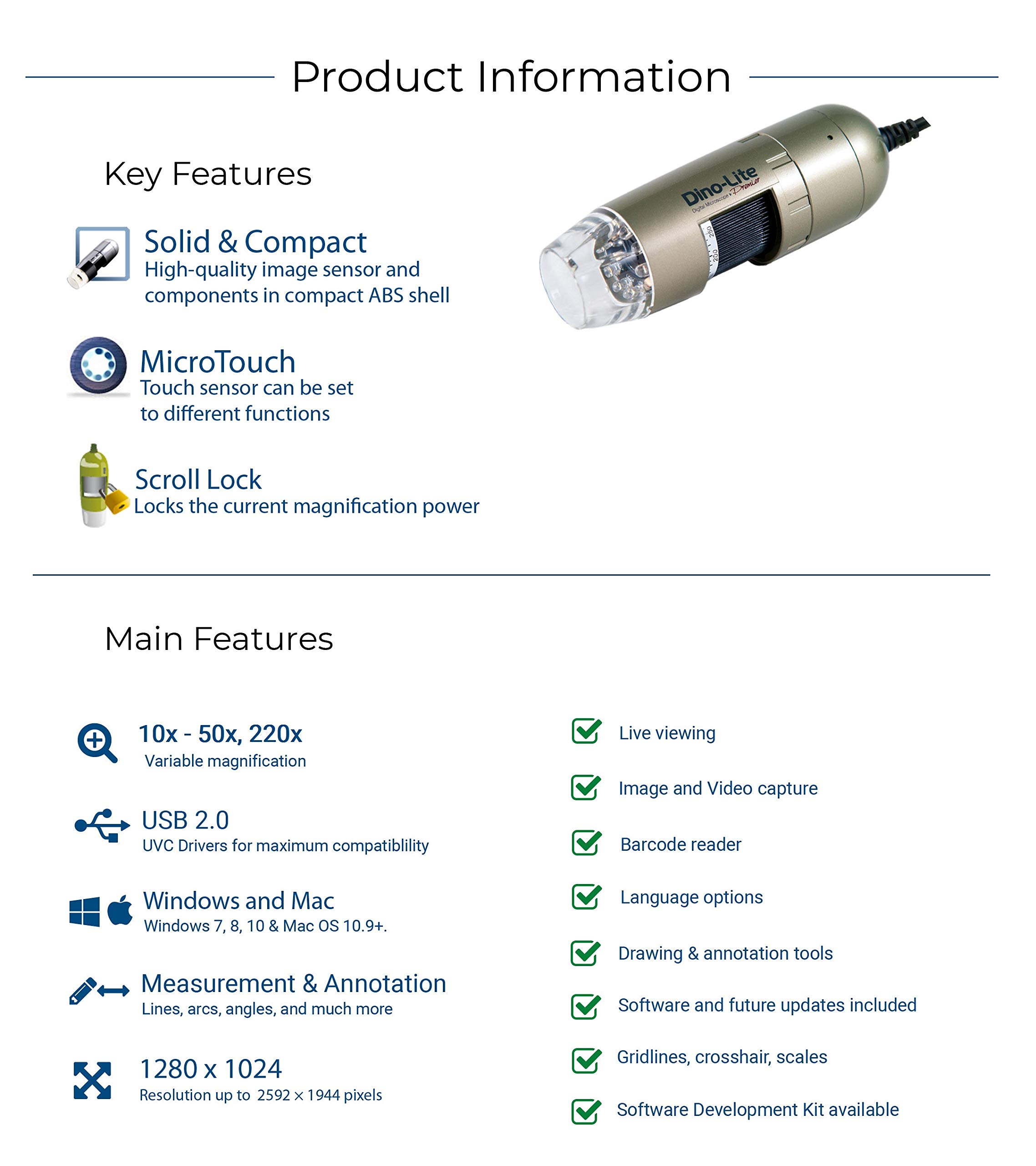 Dino-Lite USB Digital Microscope AM4113T - 1.3MP, 10x - 50x, 220x Optical Magnification, Measurement