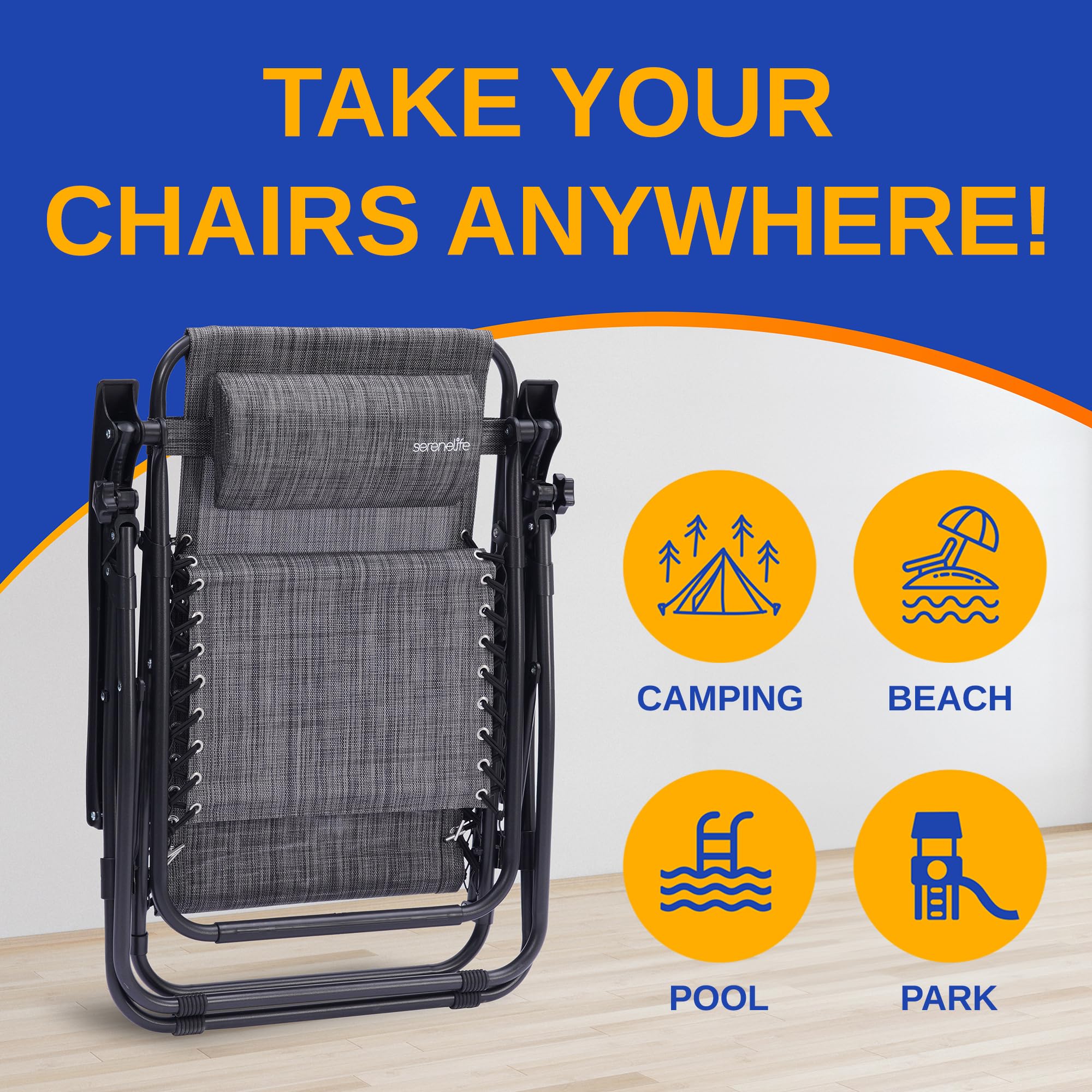 SereneLife Zero Gravity Chairs Set of 2 - Adjustable Mesh Lawn Chairs - Outdoor Lounge Chairs with Side Table 2 Cup Holders - Foldable Outdoor Chair with Removable Pillows - Mixed Grey
