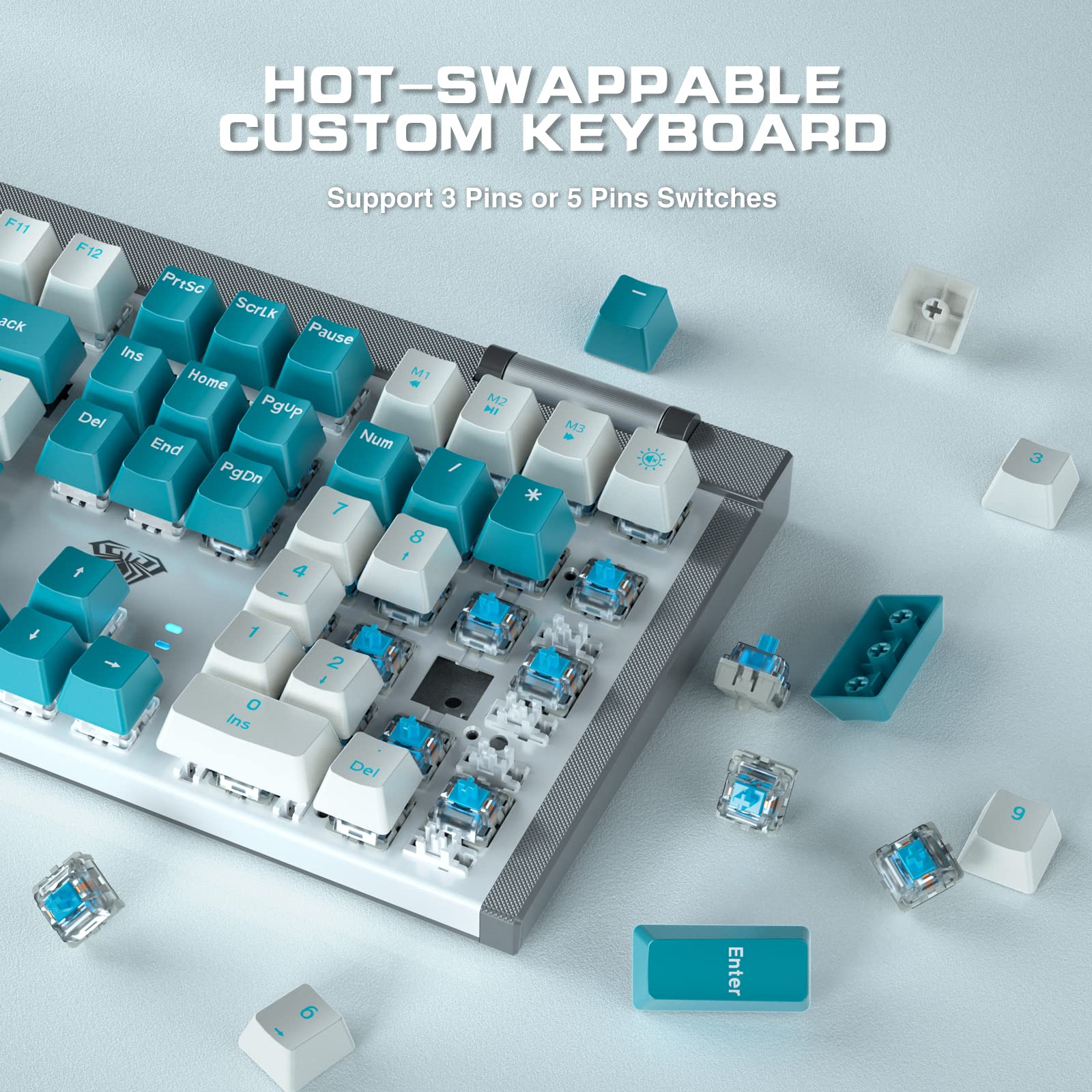 AULA F3050 Wireless Mechanical Keyboard, Custom Hotswap Keyboard for Windows PC Gaming, Full Size Computer Gamer Keyboard, LED Backlit Keys, Wireless/Wired Connection, Blue Switch