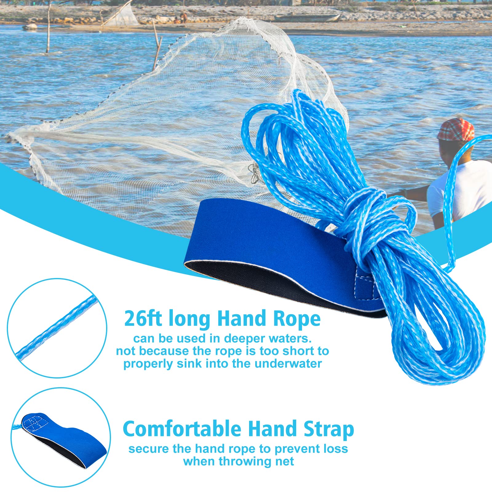 American Fishing Cast Net Saltwater Freshwater, 3/5inch Mesh Size Casting Net for Bait Fish,Strong Zinc Sinker, 4ft Radius Throw Cast Net