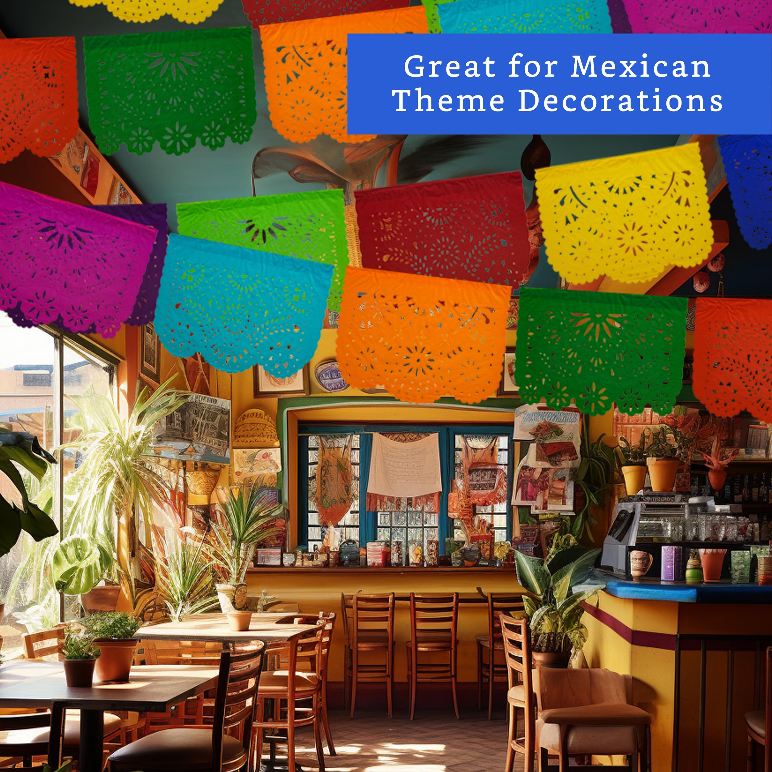 Mexican Party Banners (5 Pack - 10 Tissue Paper Flags per Banner/NOT Plastic) - Papel Picado Banner - Mexican Themed Party Decorations - Papel Picado Mexicano para Fiesta - Fiesta Party Decorations