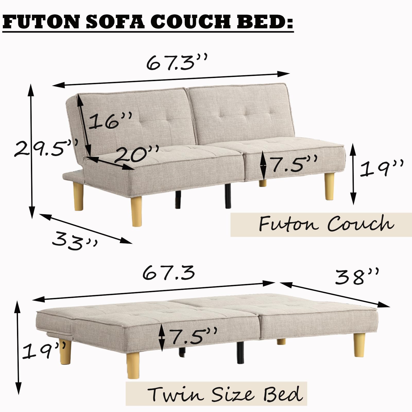 Furrich Convertible Futon Sofa Bed, Loveseat Foldable Futon Couch Adjustable Backrest, Small Futon Couch for Living Room, Small Space, Apartment, Beige Fabric 307BG