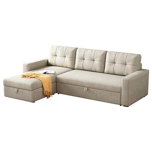 Ball & Cast 81.5" L-Shaped Convertible Sleeper Sofa, Upholstered Sectional Couch Pull Out Sofa-Bed with Storage Chaise & Removable Back Cushions, Beige