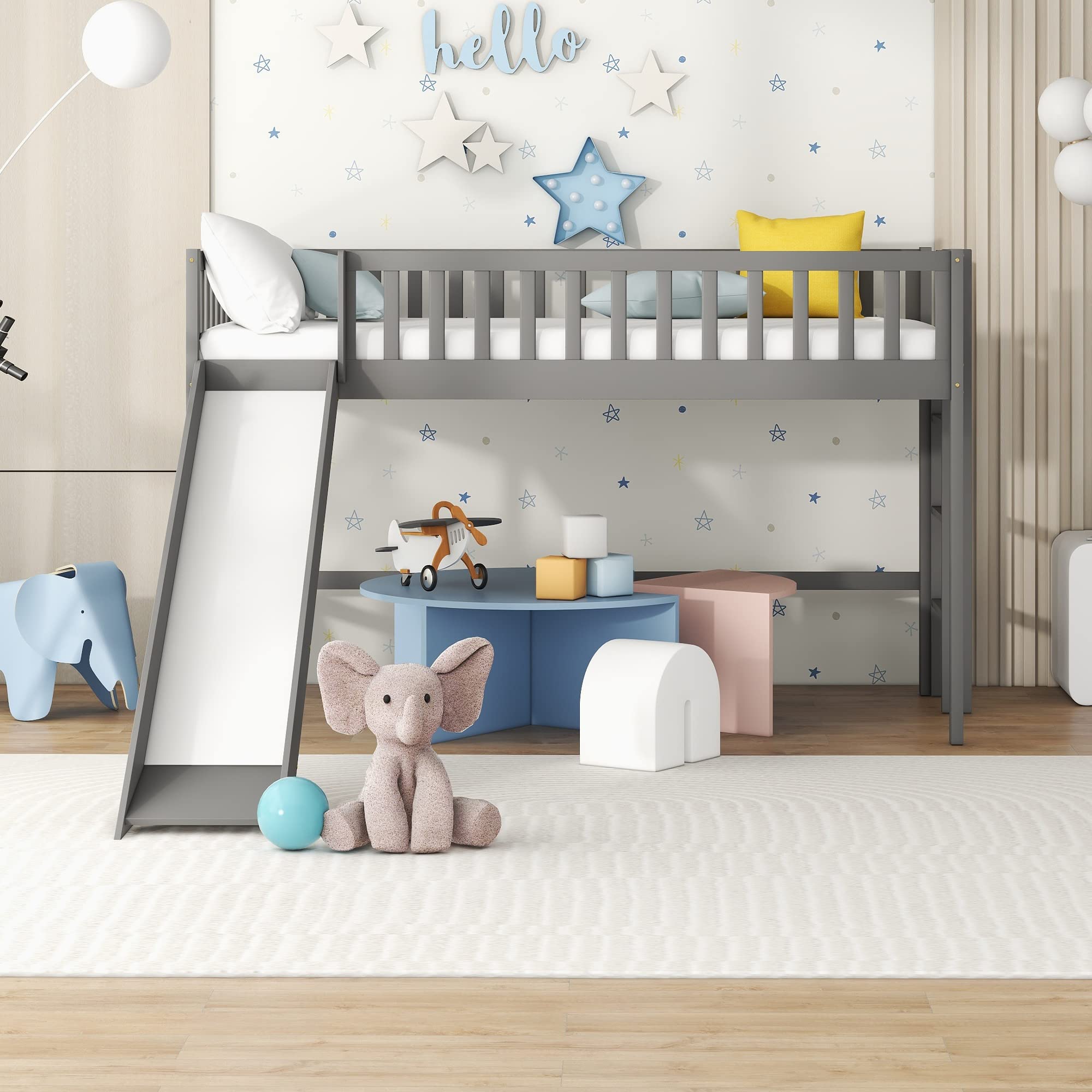 Bellemave Twin Size Low Loft Bed with Slide Wood Junior Loft Beds Frame with Ladder and Guardrails for Kids Boys Girls, Gray, Gray With Slide