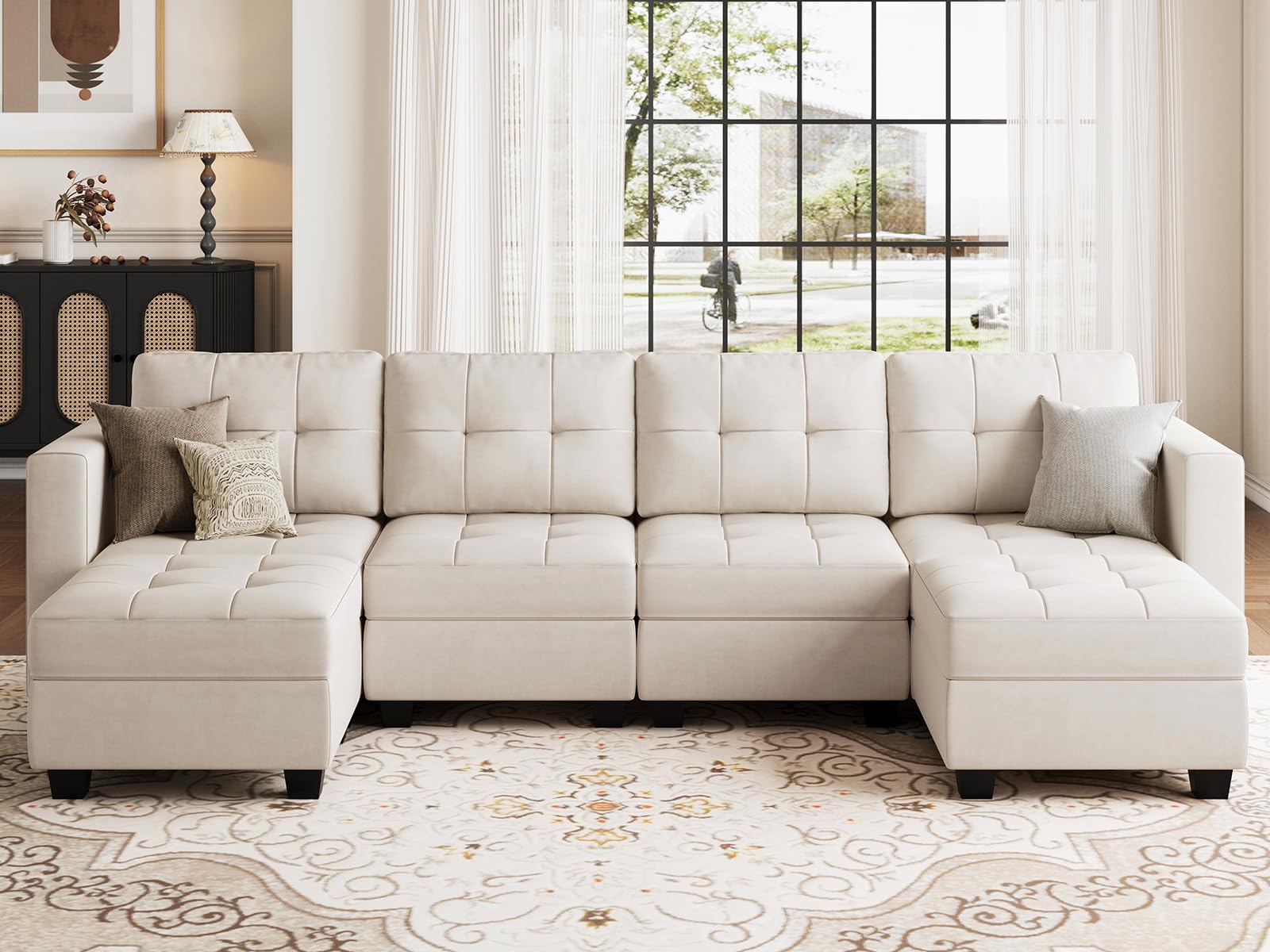 Belffin U-Shaped Modular Sectional Sofa, Couch with Storage Seats, Convertible Sofa with Reversible Chaise, Sleeper Couch for Living Room, Beige