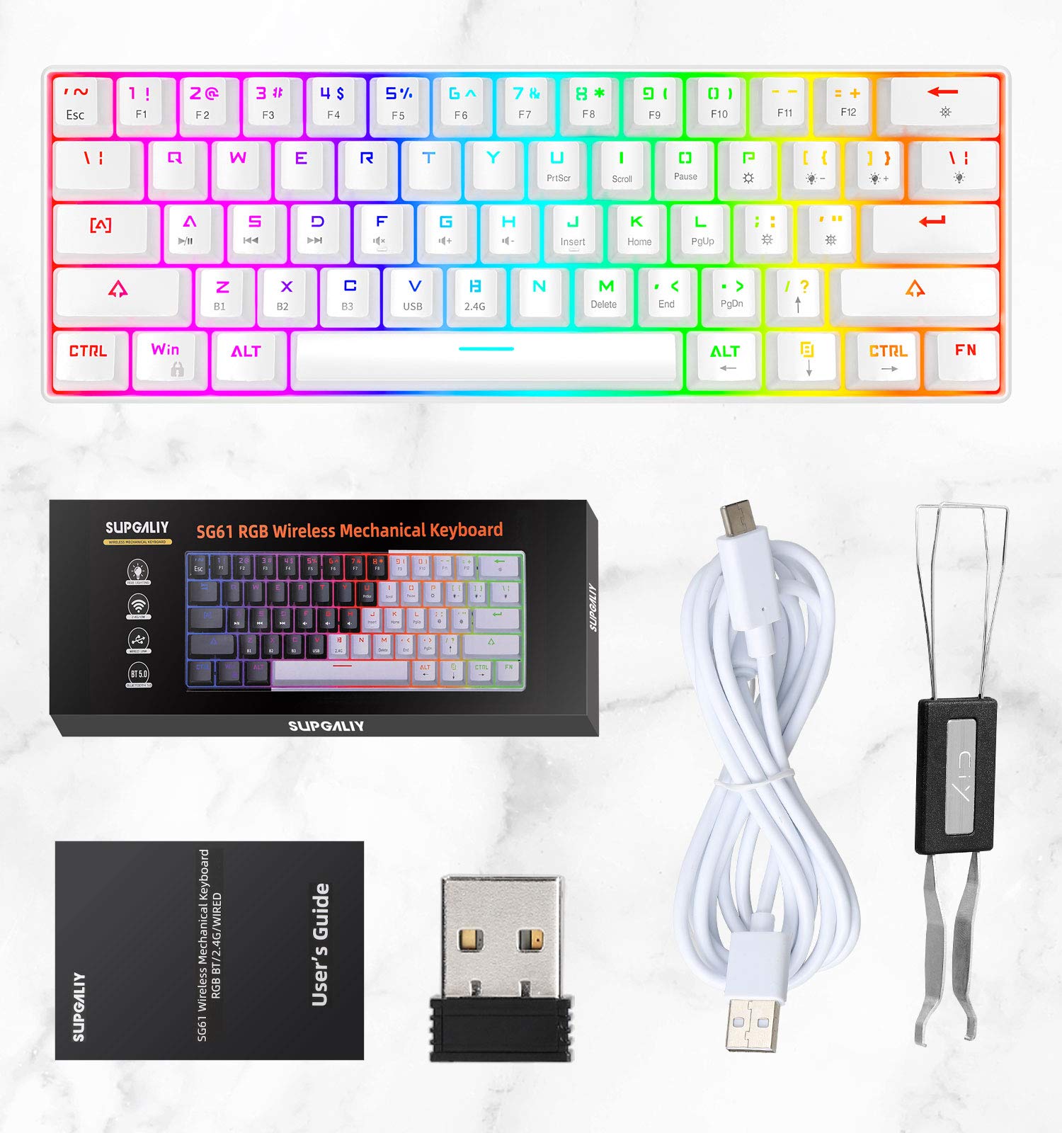 SUPGALIY 60% Mechanical Keyboard Wireless 2.4G/Bluetooth 5.0/Wired Gaming Keyboard 3000mAh 61 Keys RGB Backlit Portable Mini Keyboard for Windows, Mac, Android, iOS (Hot Swappable Blue Switch, White)
