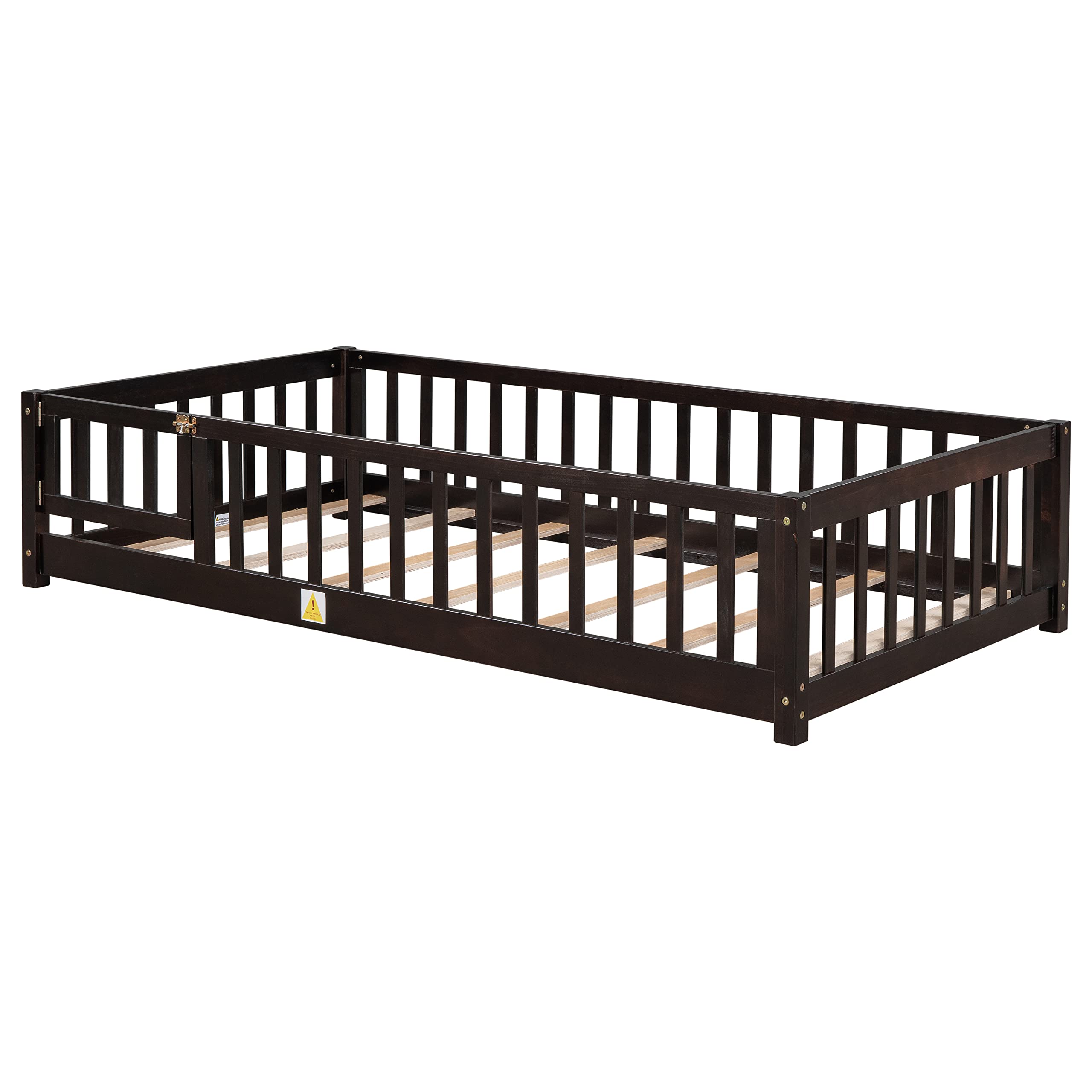 Bellemave Twin Size Wooden Floor Bed Frame with Fence Railings and Support Slats for Kids, Espresso