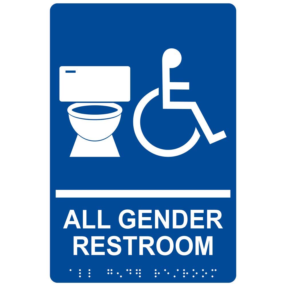 ComplianceSigns.com All Gender Restroom Sign, ADA-Compliant Braille and Raised Letters, 9x6 inch Blue Acrylic with Adhesive Mounting Strips